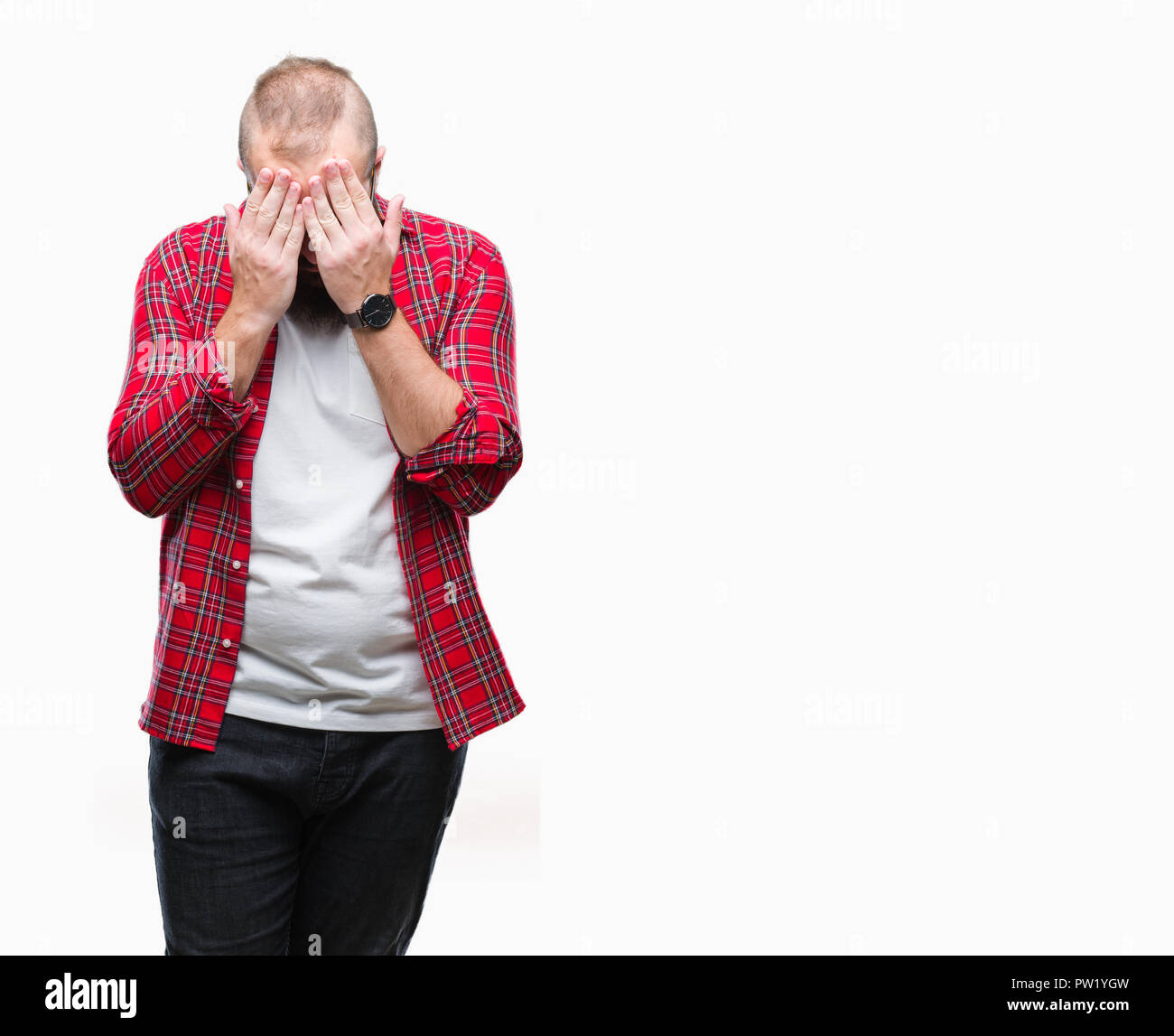 Young caucasian hipster man wearing glasses over isolated background ...