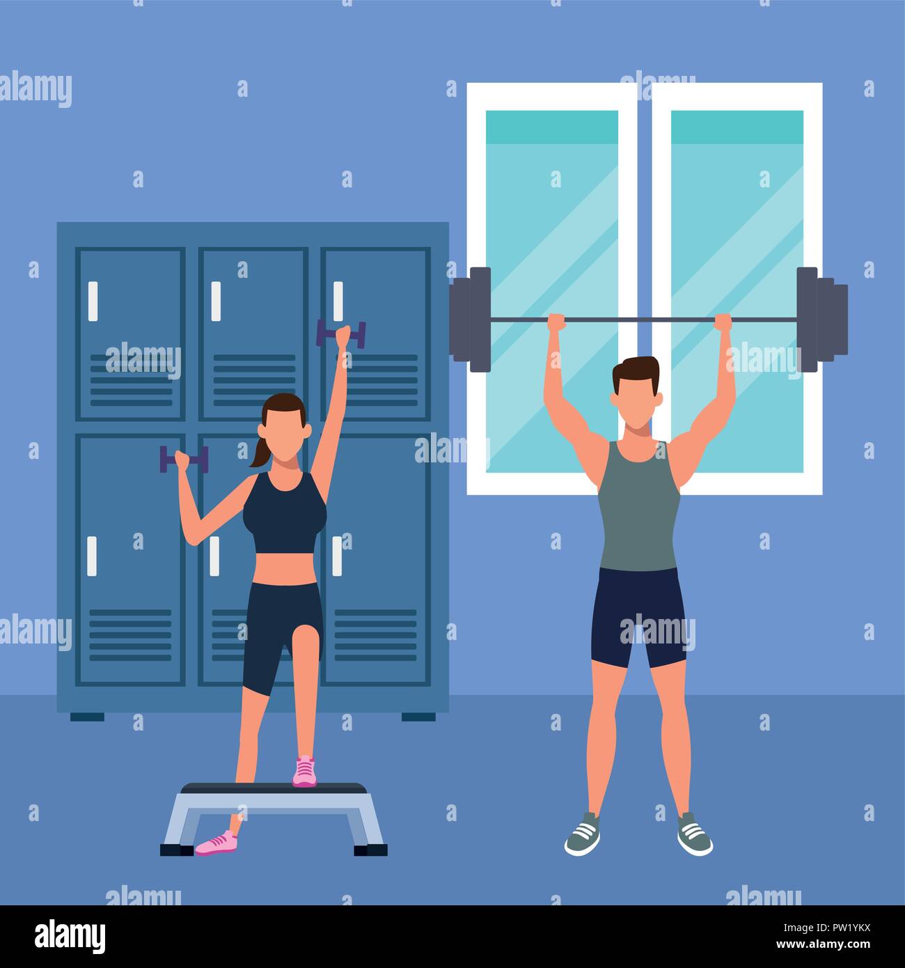 Fitness people training inside gym scenery vector illustration graphic ...