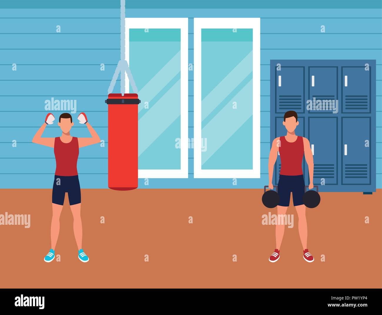 Fitness people training inside gym scenery vector illustration graphic ...