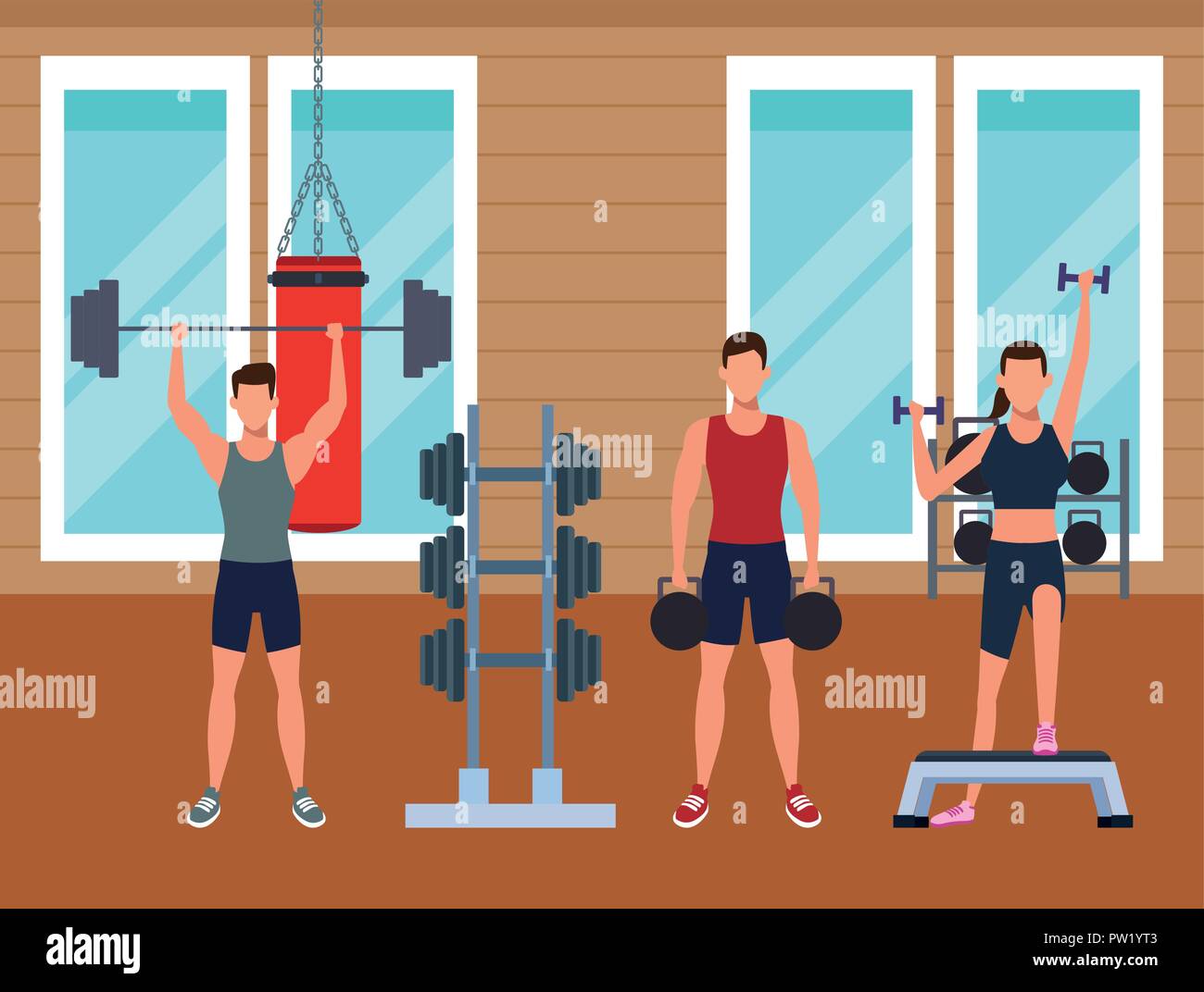 Fitness people training inside gym scenery vector illustration graphic ...