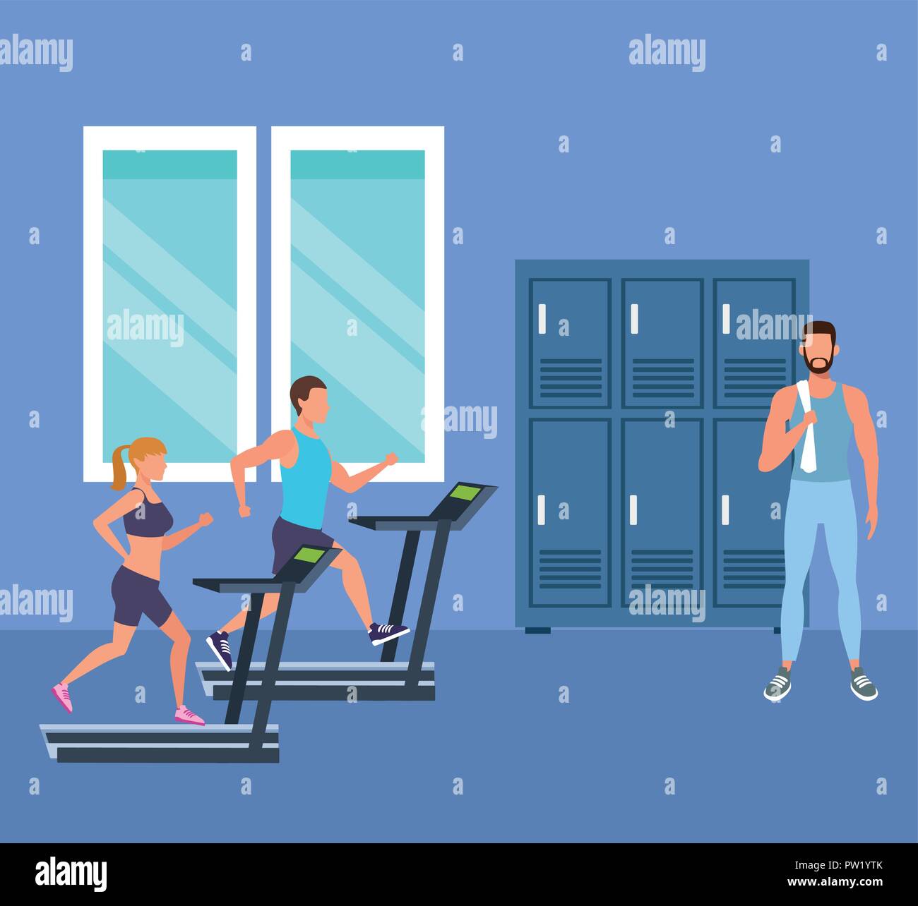 Fitness people training inside gym scenery vector illustration graphic ...
