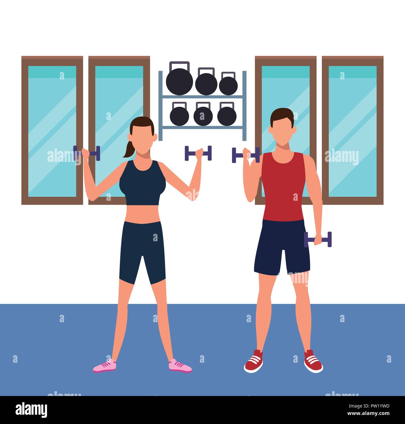 Fitness people training inside gym scenery vector illustration graphic ...