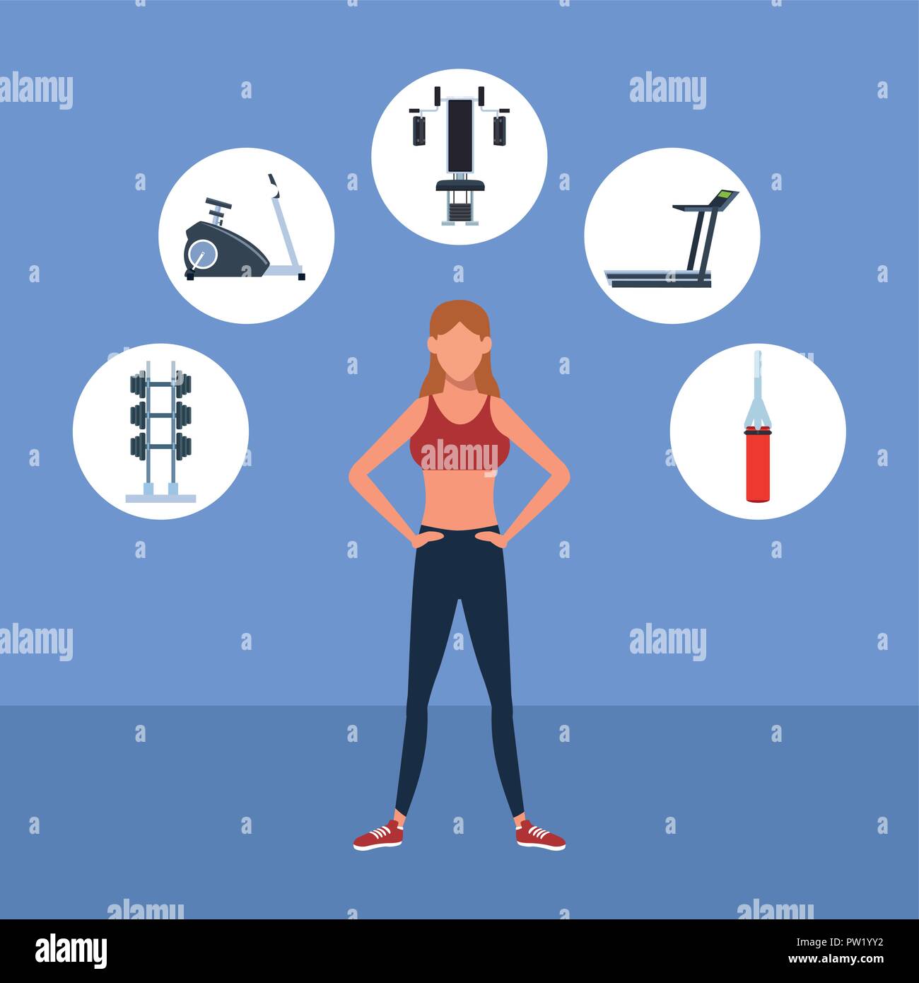 Fitness woman with gym machines round icons vector illustration graphic ...