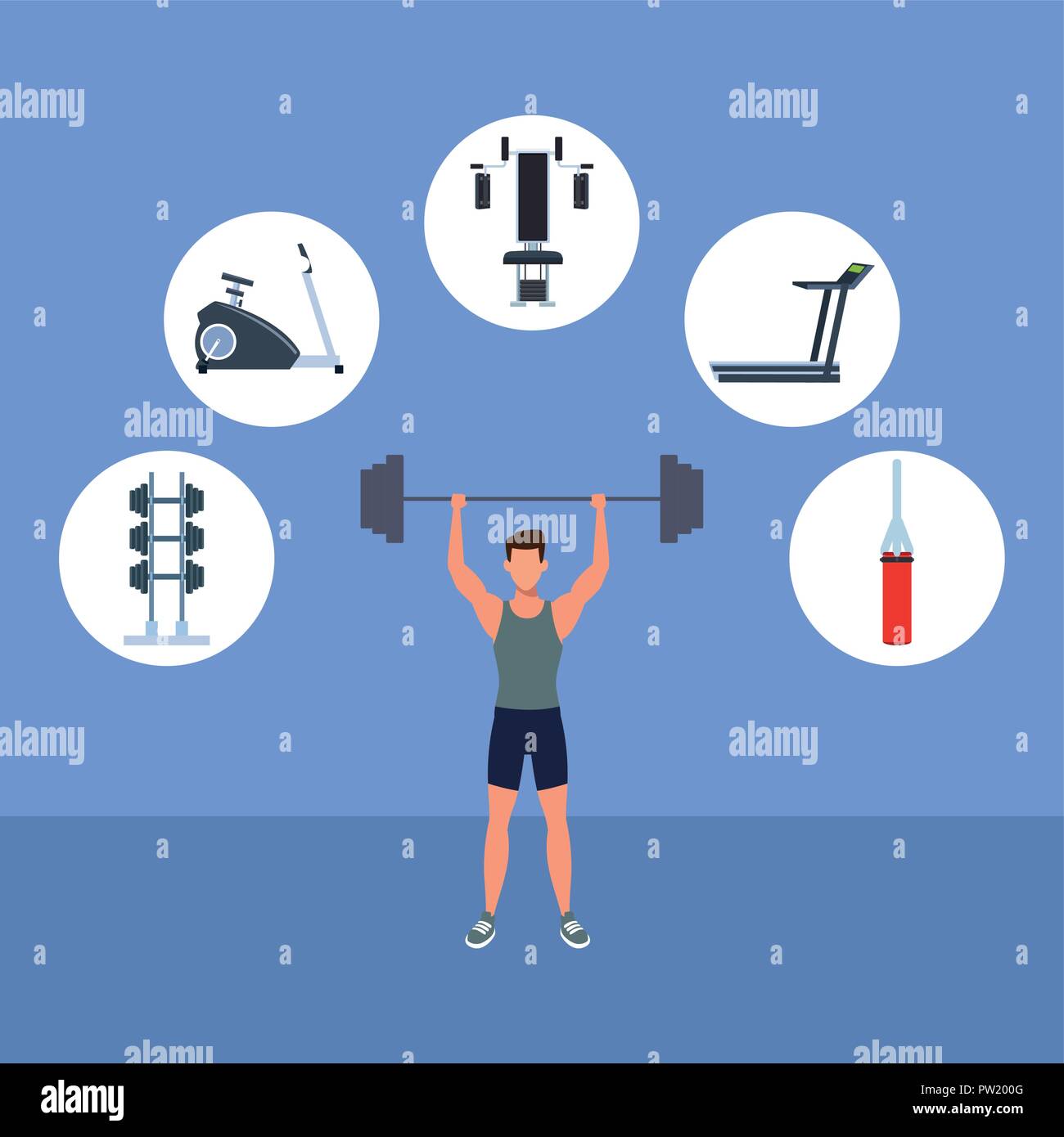 Fitness man with gym machines round icons vector illustration graphic ...