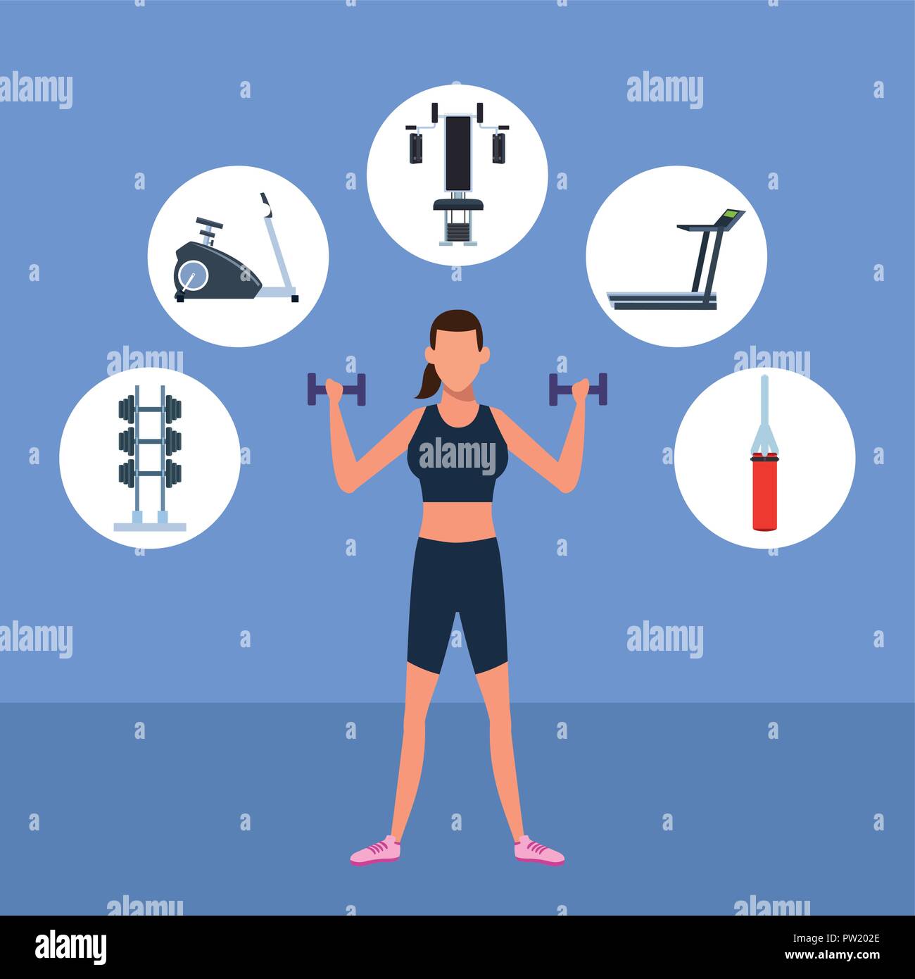 Fitness woman with gym machines round icons vector illustration graphic ...