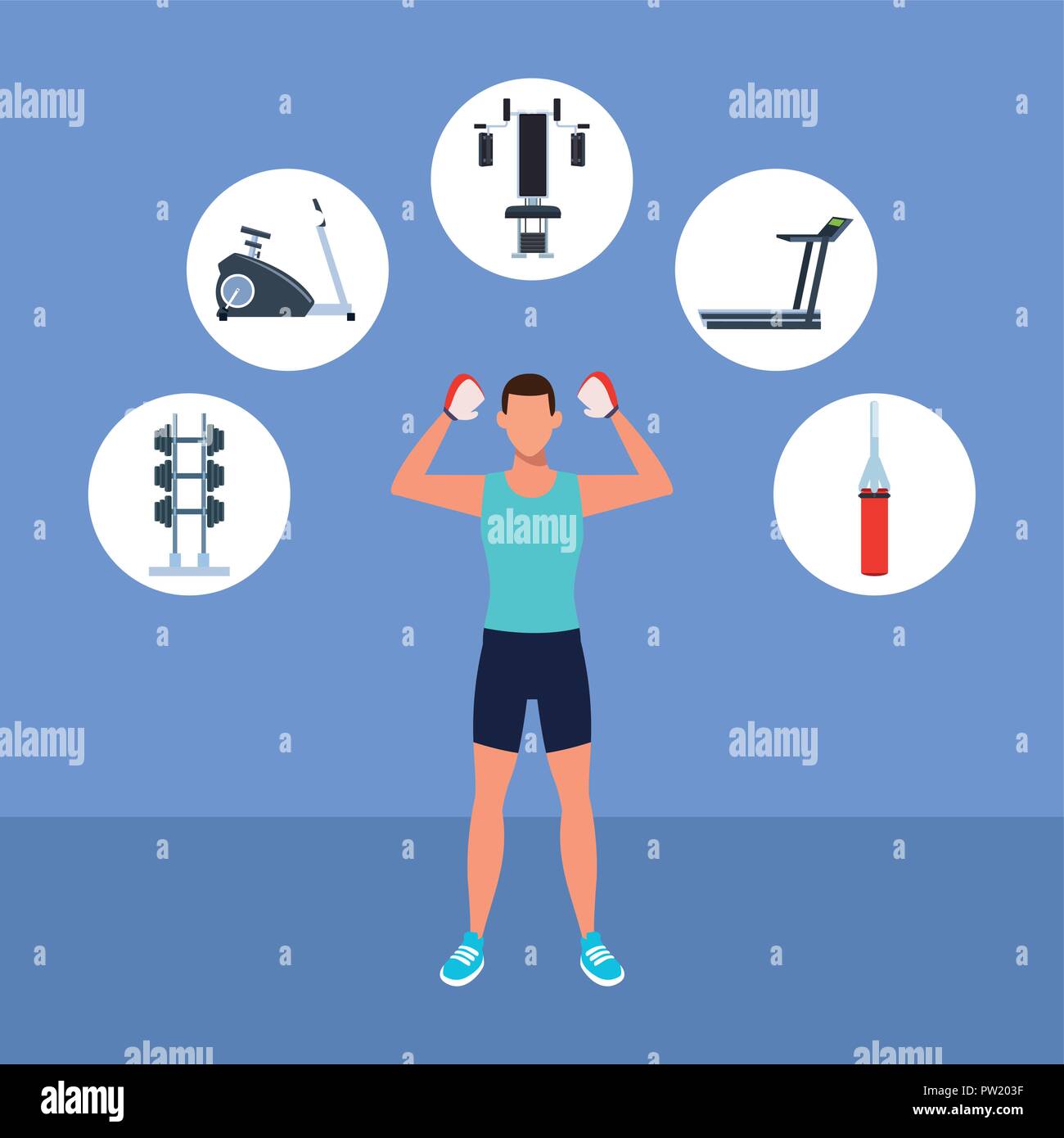 Fitness man with gym machines round icons vector illustration graphic ...