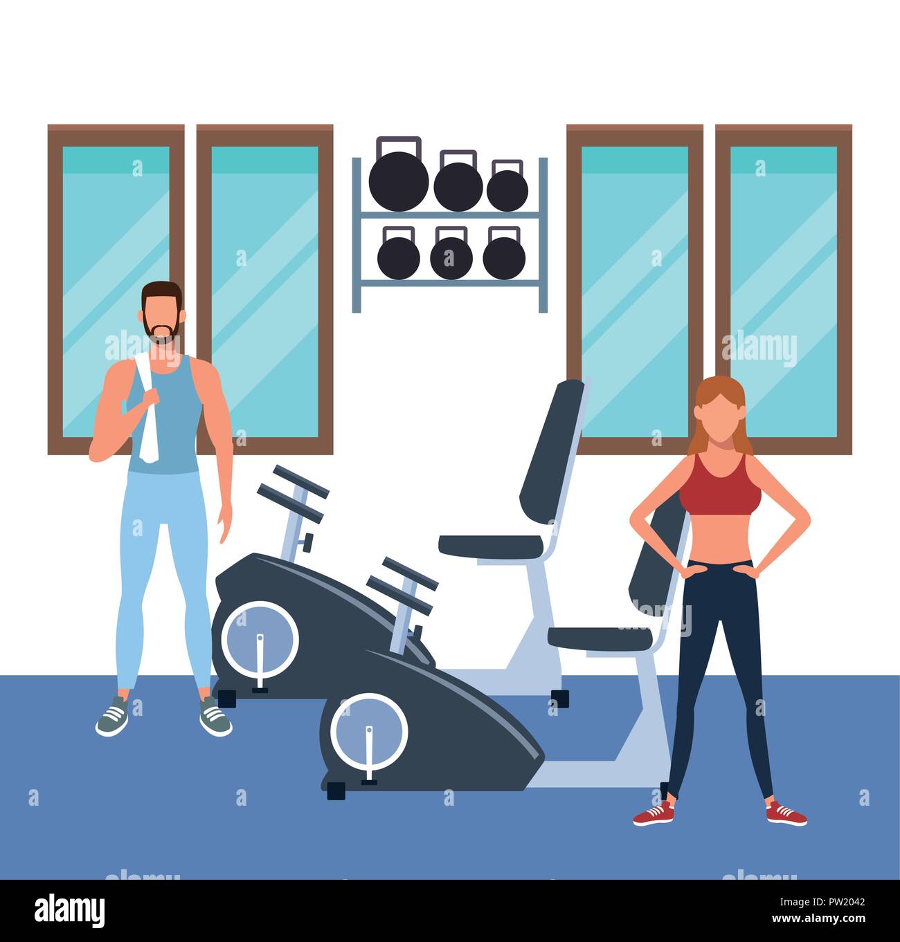 Fitness people training inside gym scenery vector illustration graphic ...