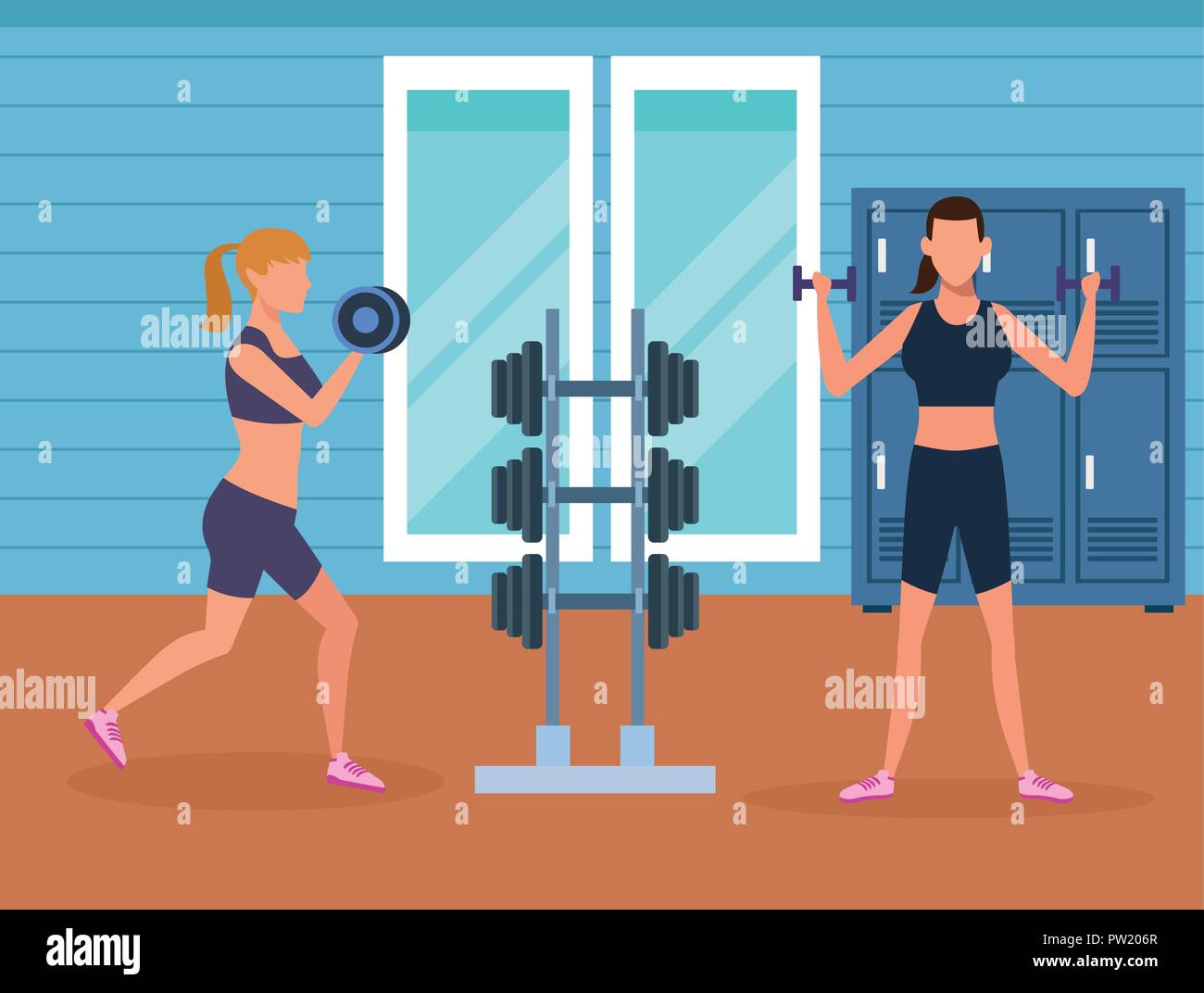 Fitness people training inside gym scenery vector illustration graphic ...