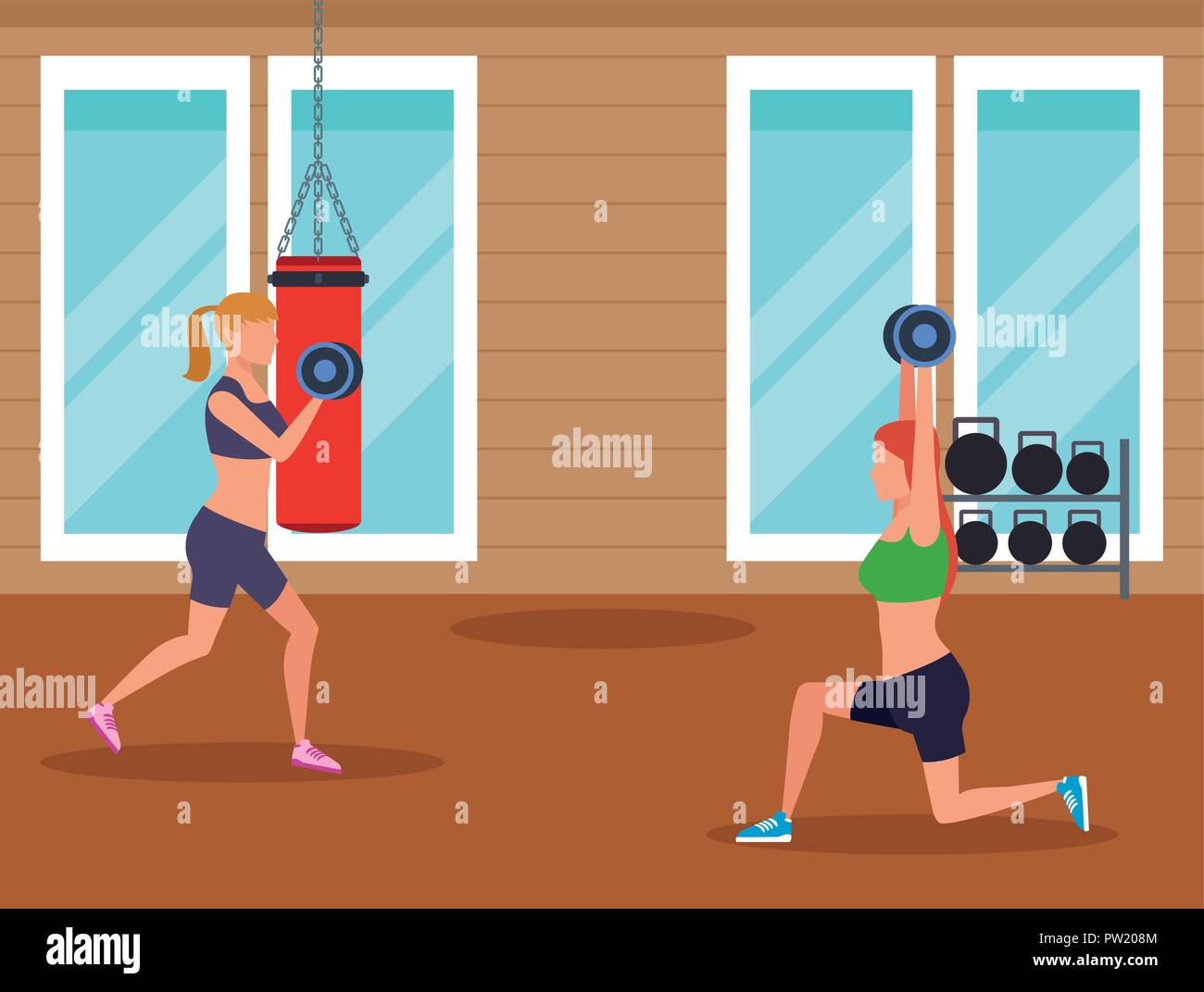 Fitness people training inside gym scenery vector illustration graphic ...