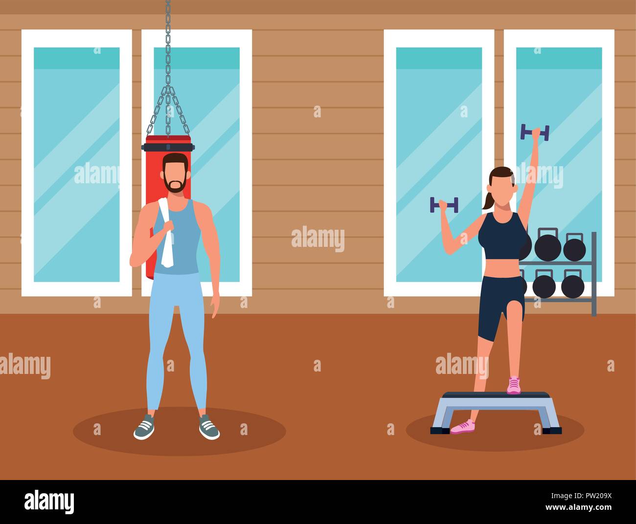 Fitness people training inside gym scenery vector illustration graphic ...