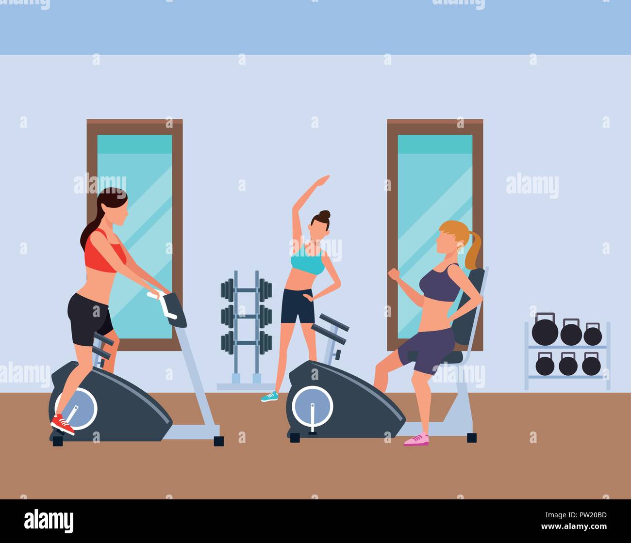Fitness people training inside gym scenery vector illustration graphic ...