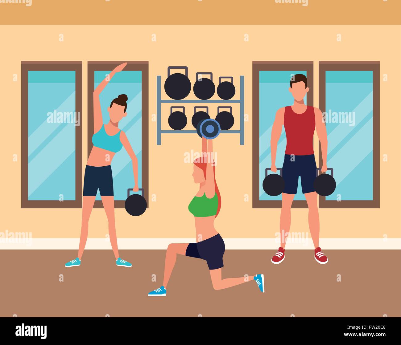 Fitness people training inside gym scenery vector illustration graphic ...
