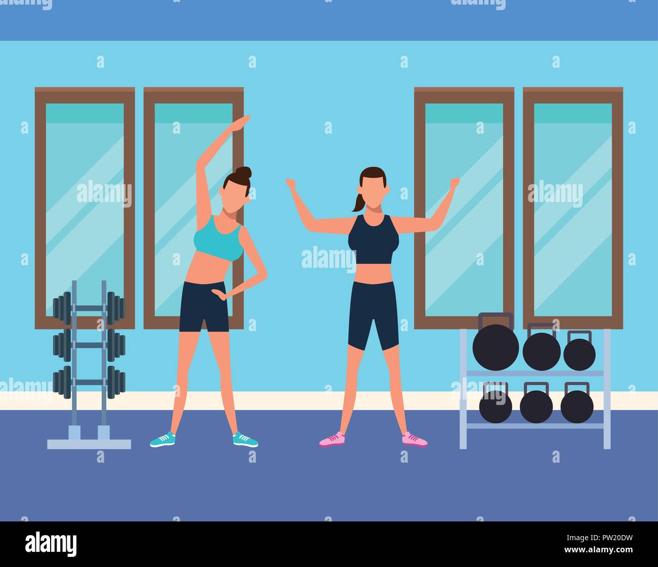 Fitness people training inside gym scenery vector illustration graphic ...