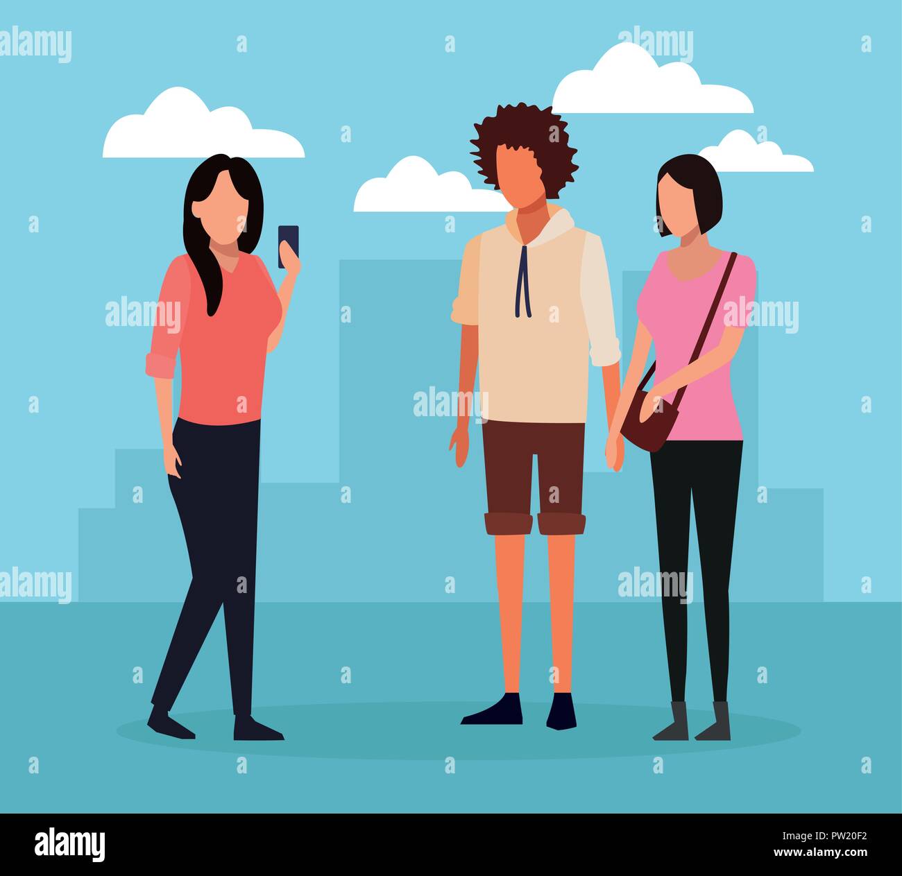 Young friends sharing time over cityscape vector illustration graphic ...