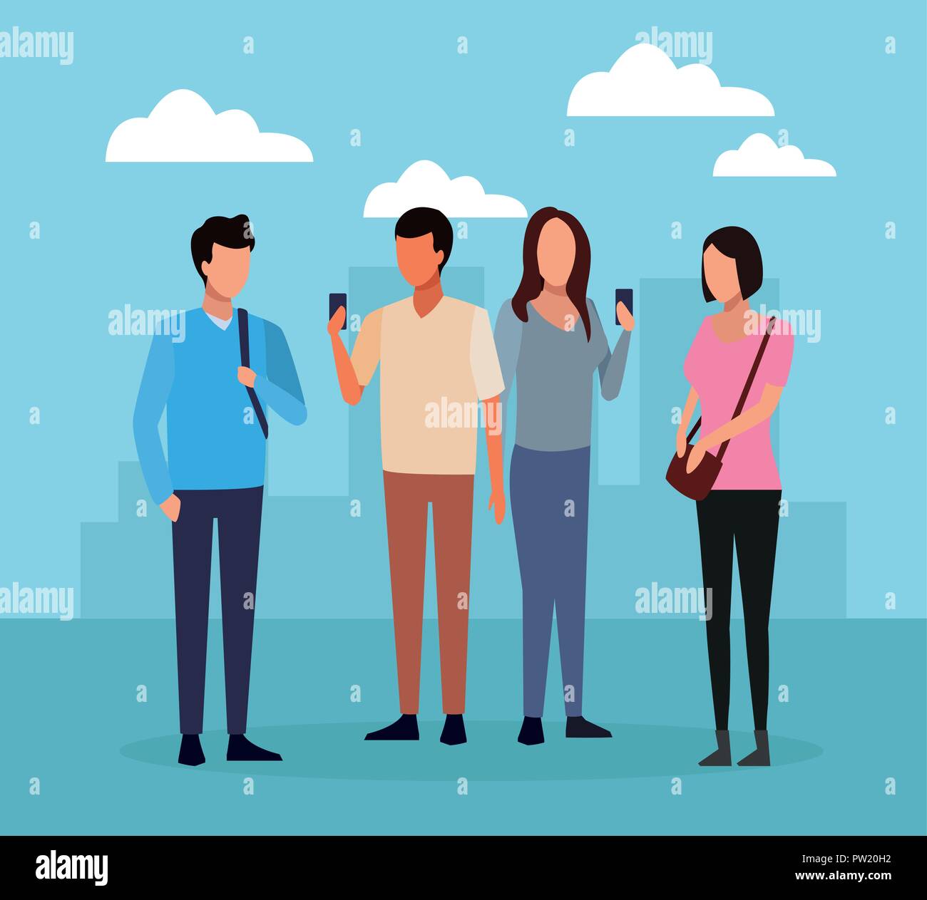 Young friends sharing time over cityscape vector illustration graphic ...