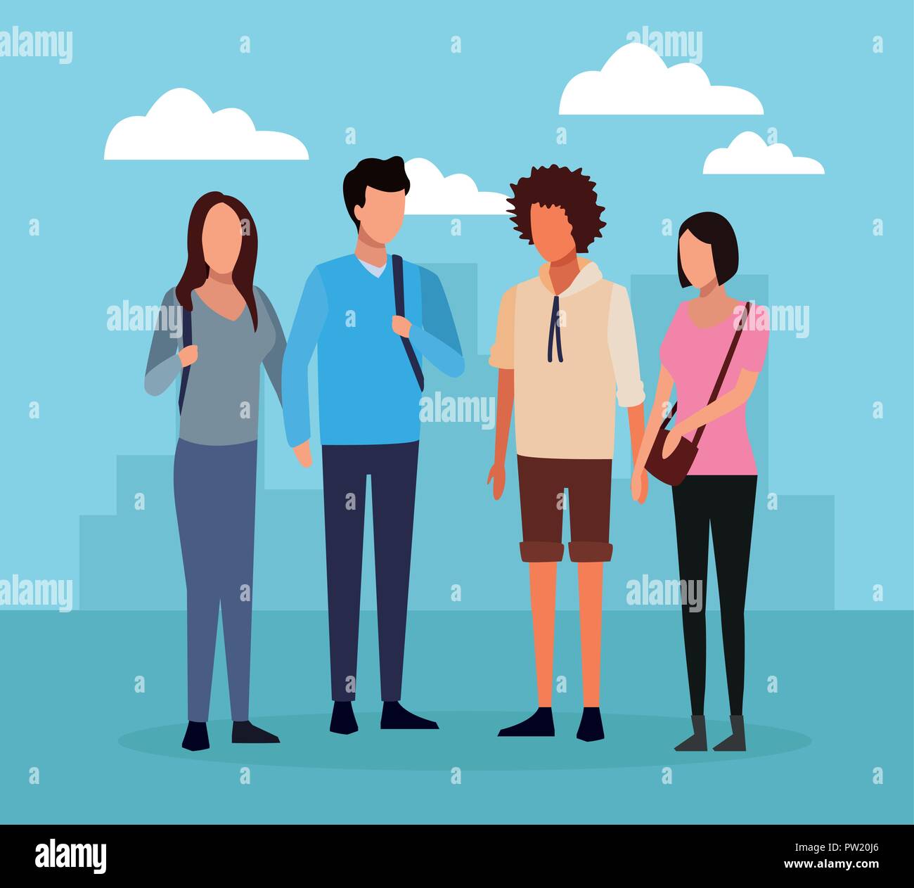 Young friends sharing time over cityscape vector illustration graphic ...