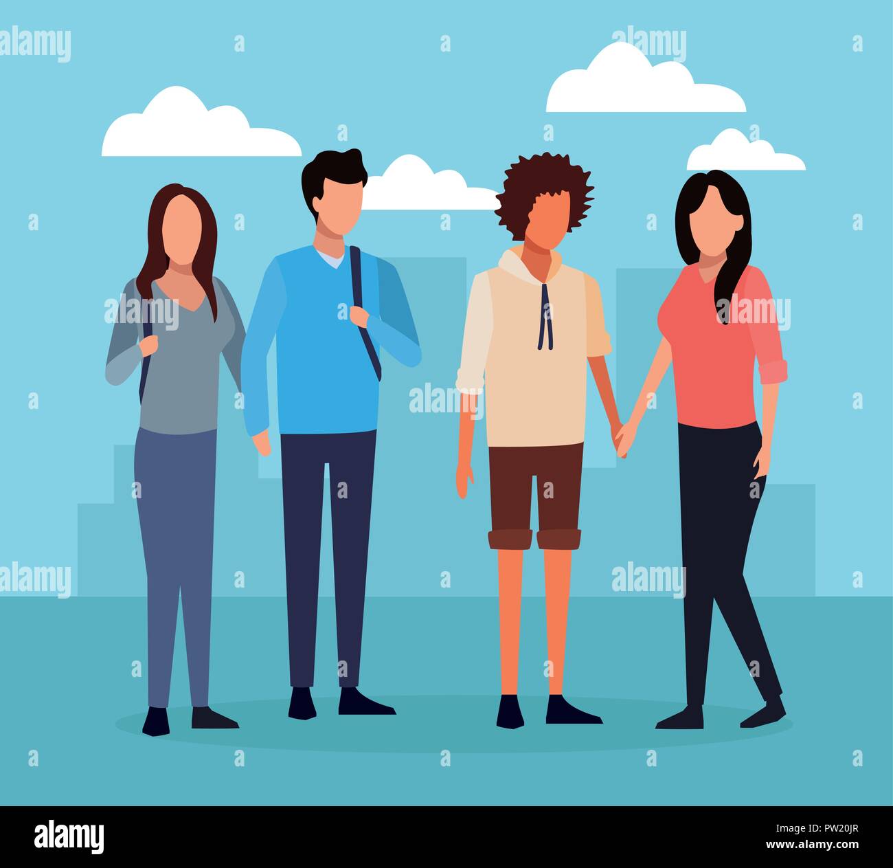 Young friends sharing time over cityscape vector illustration graphic ...
