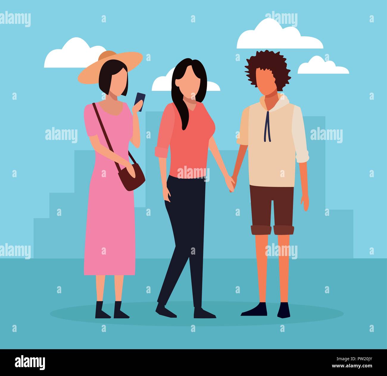 Young friends sharing time over cityscape vector illustration graphic ...