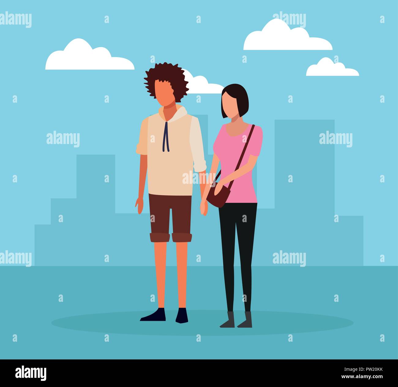Young friends couple over cityscape cartoon vector illustration graphic ...