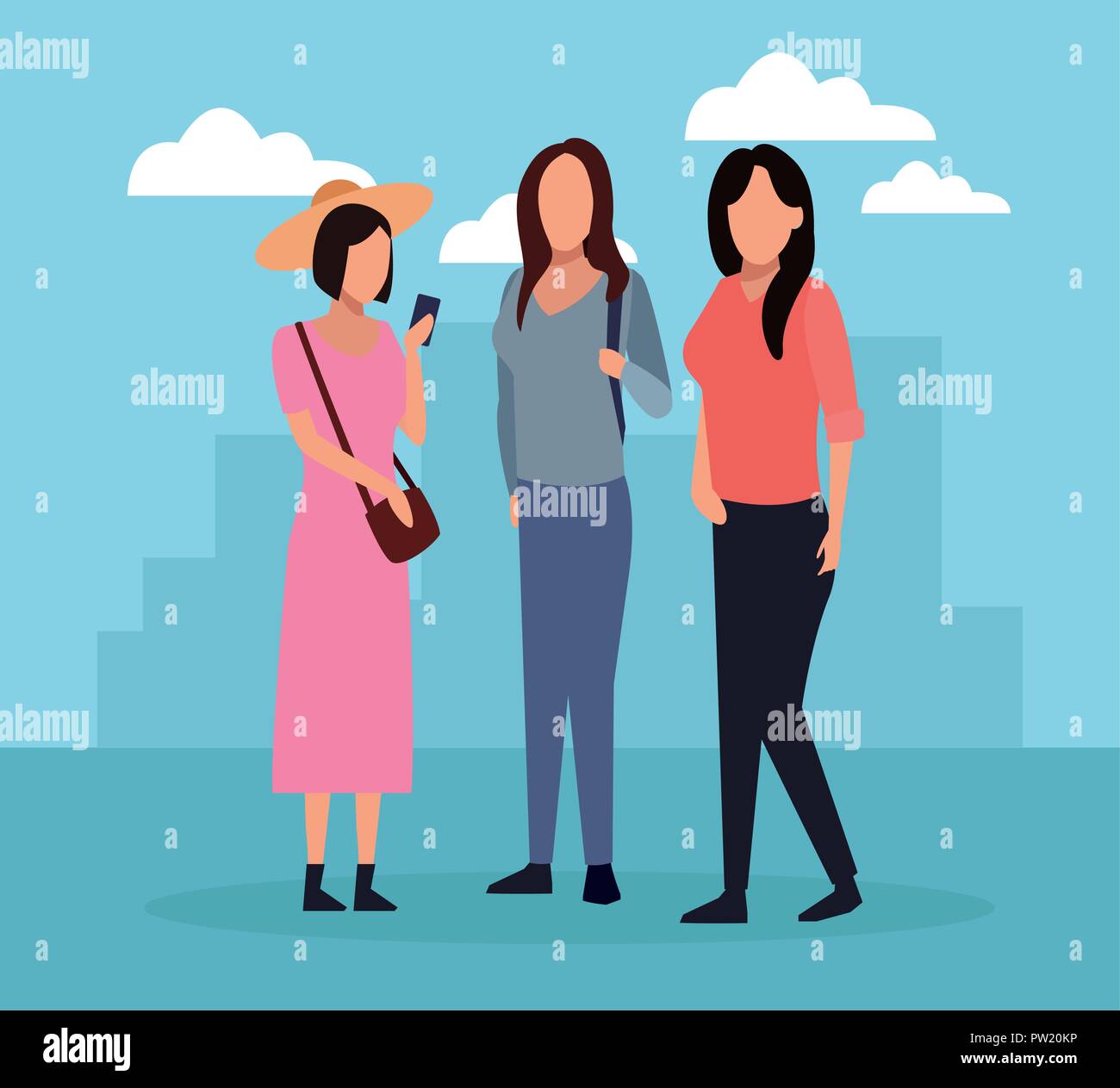 Young friends sharing time over cityscape vector illustration graphic ...