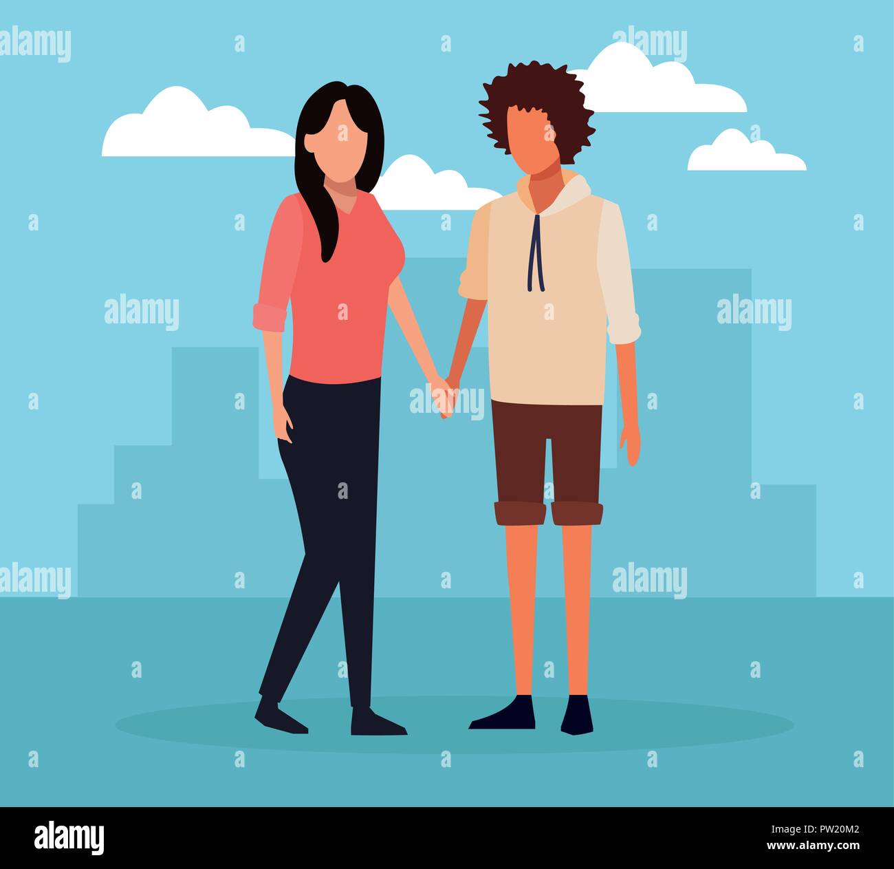 Young friends couple over cityscape cartoon vector illustration graphic ...