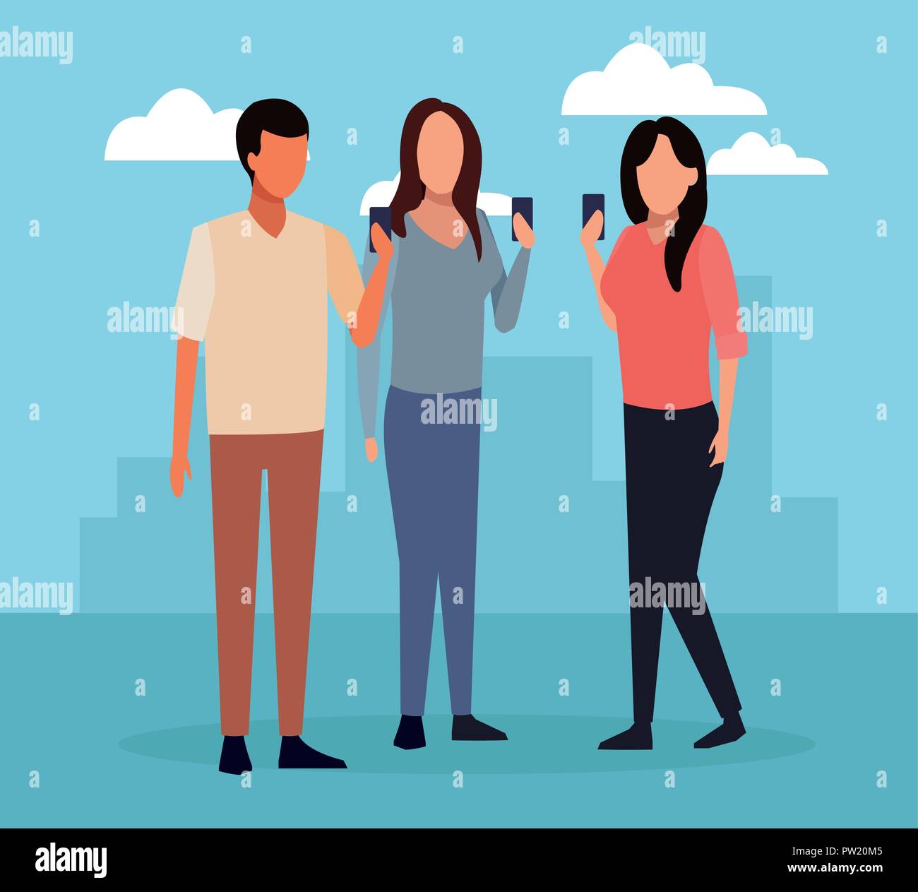 Young friends sharing time over cityscape vector illustration graphic ...