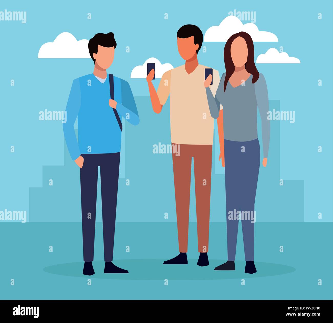 Young friends sharing time over cityscape vector illustration graphic ...