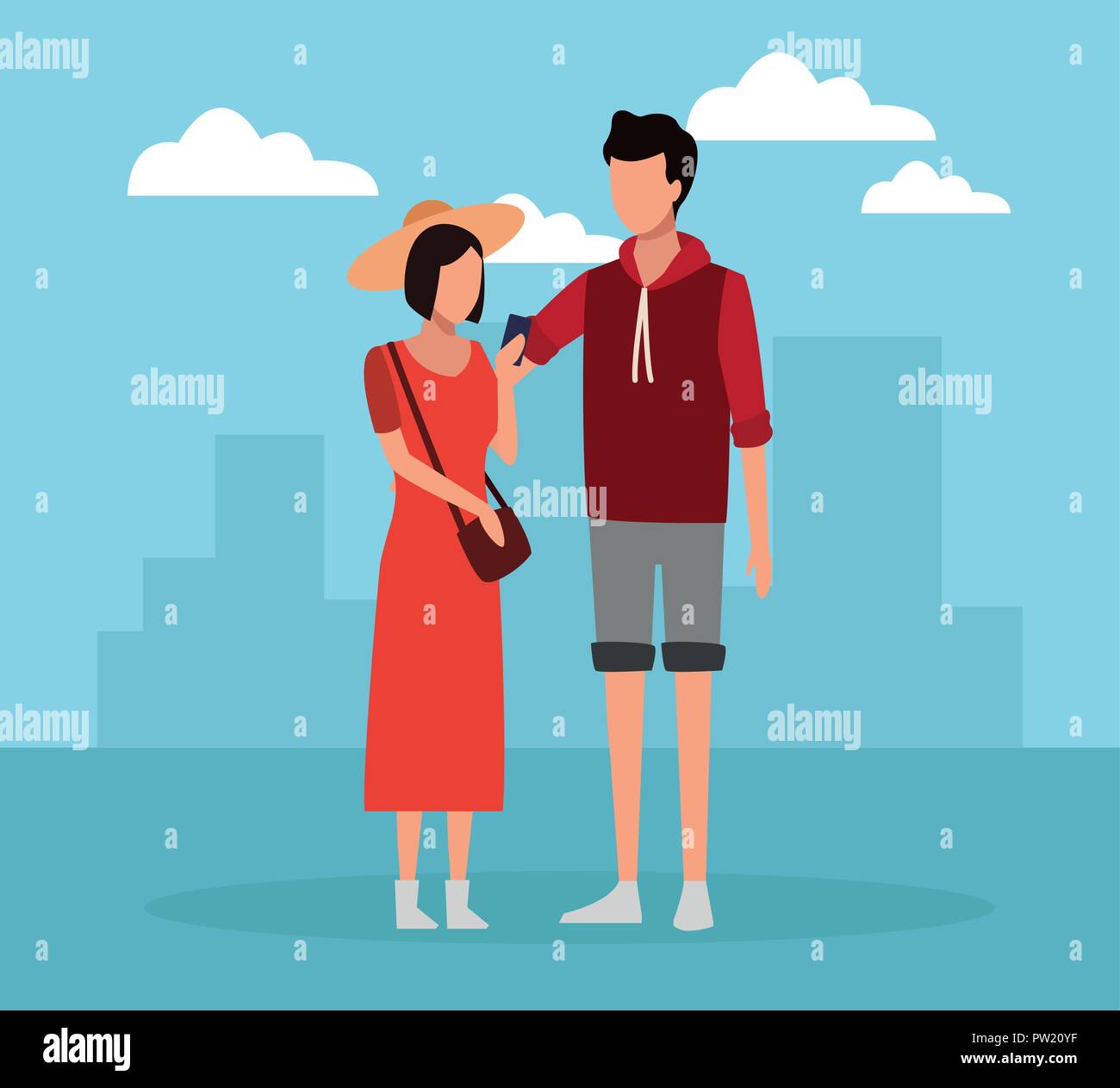 Young friends couple over cityscape cartoon vector illustration graphic ...
