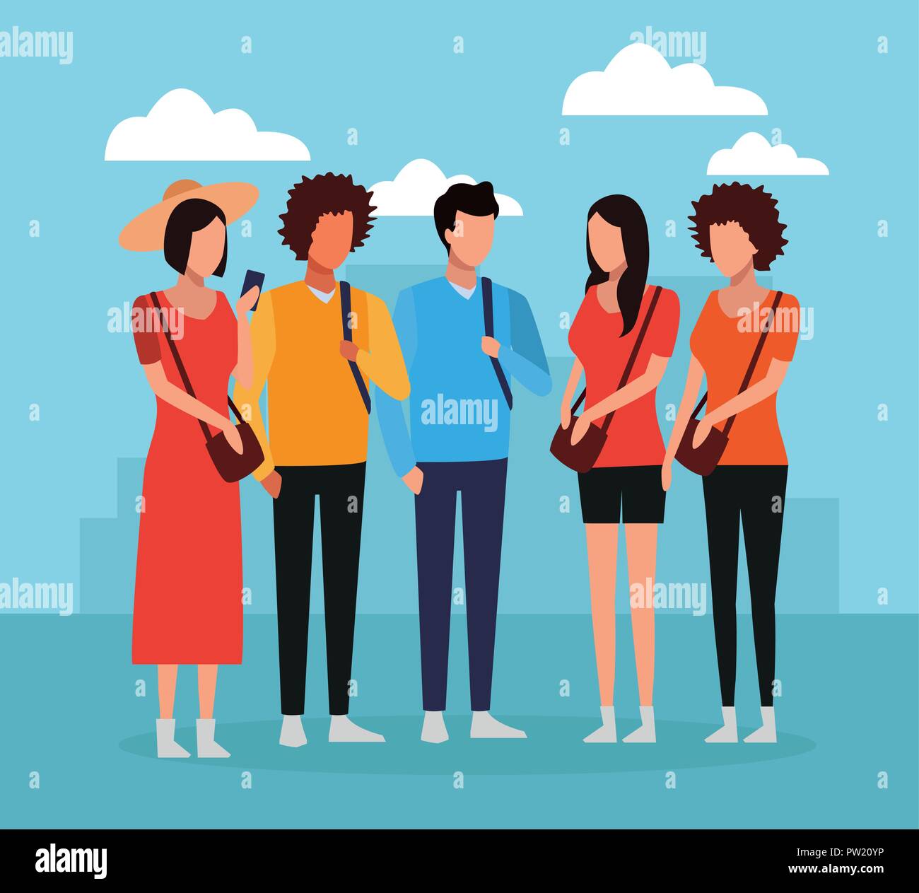 Young friends sharing time over cityscape vector illustration graphic ...