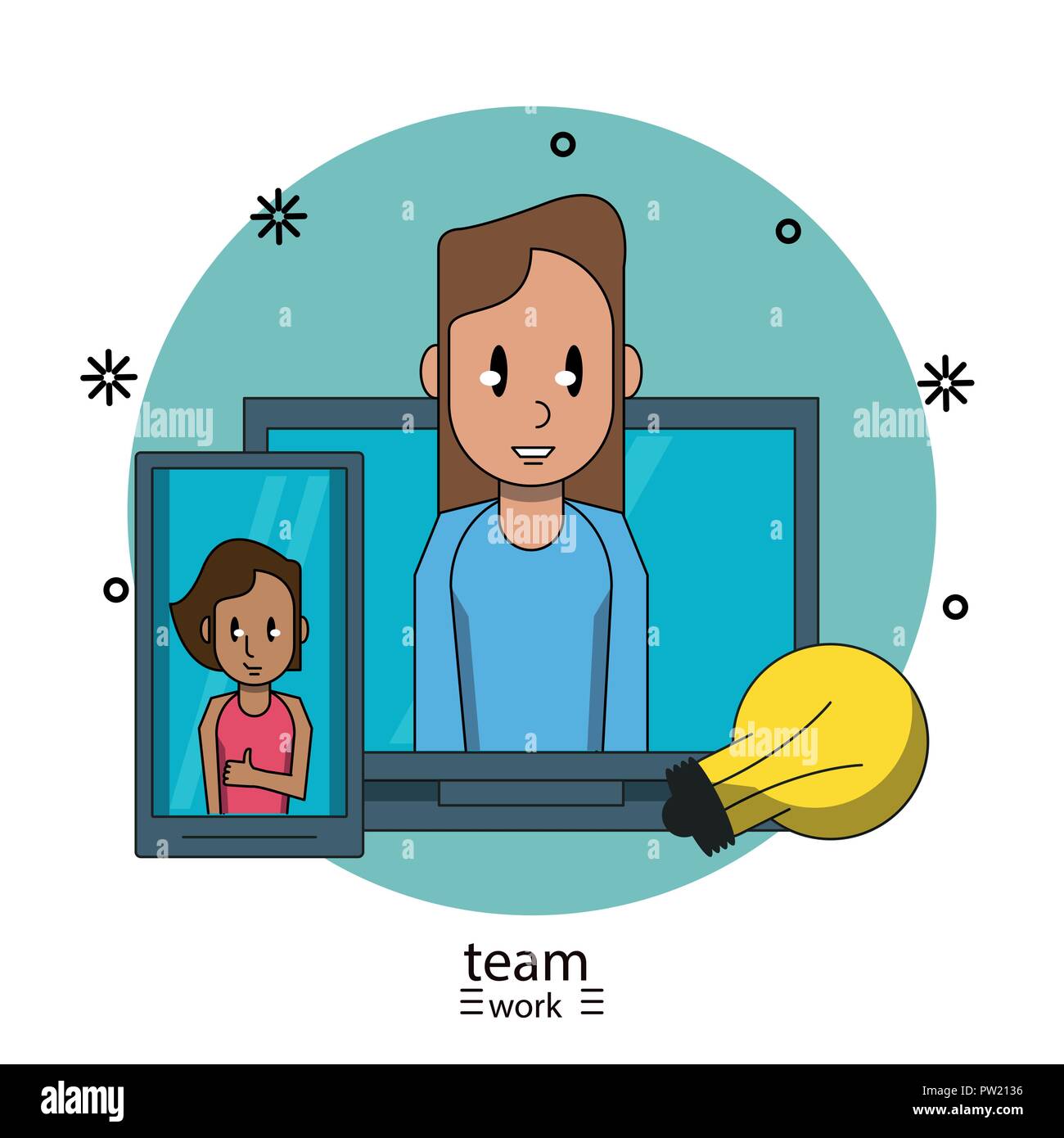 Business teamwork and technology devices cartoon vector illustration ...