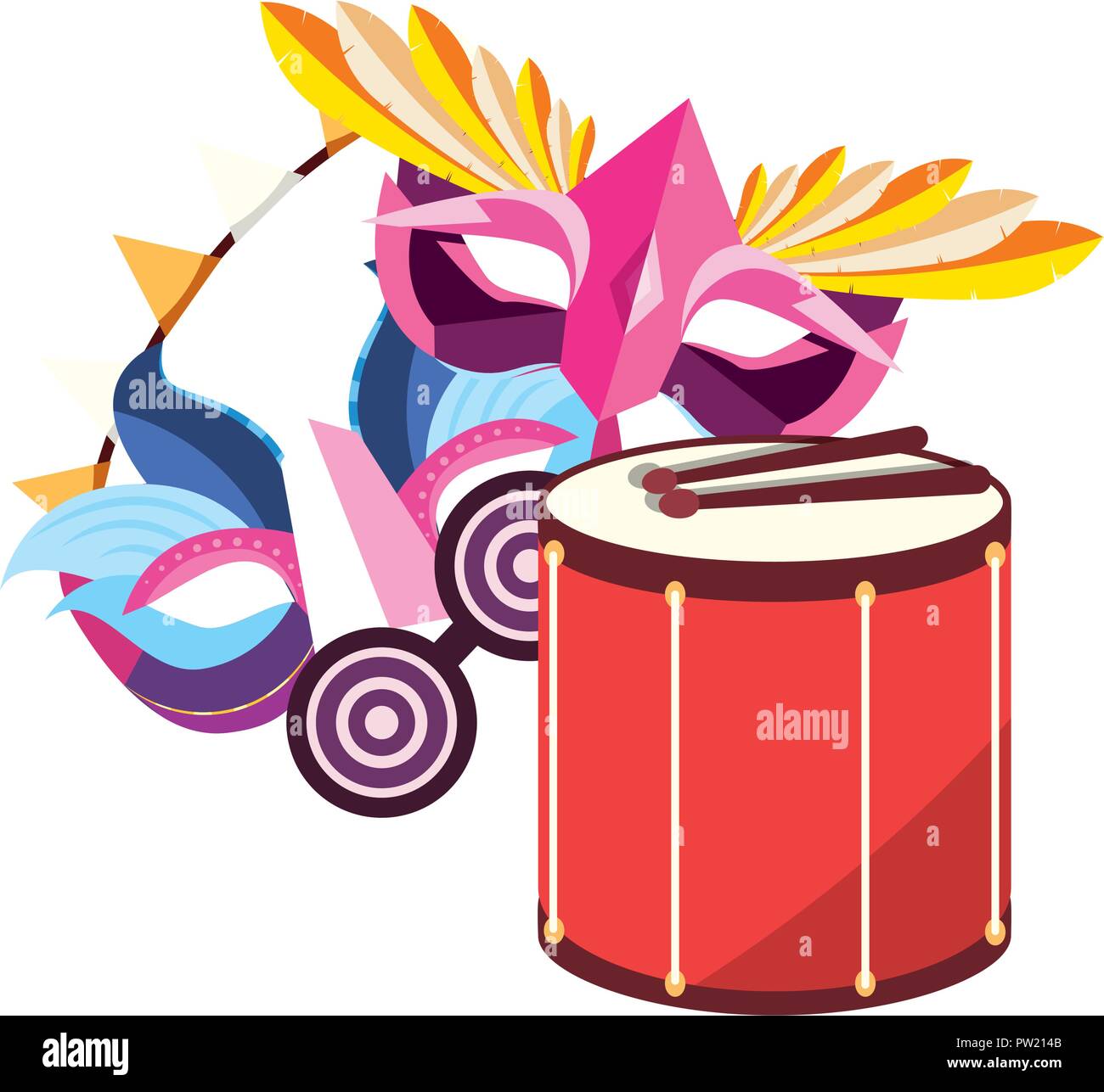 drum instrumet music mask feathers carnival vector illustration Stock ...