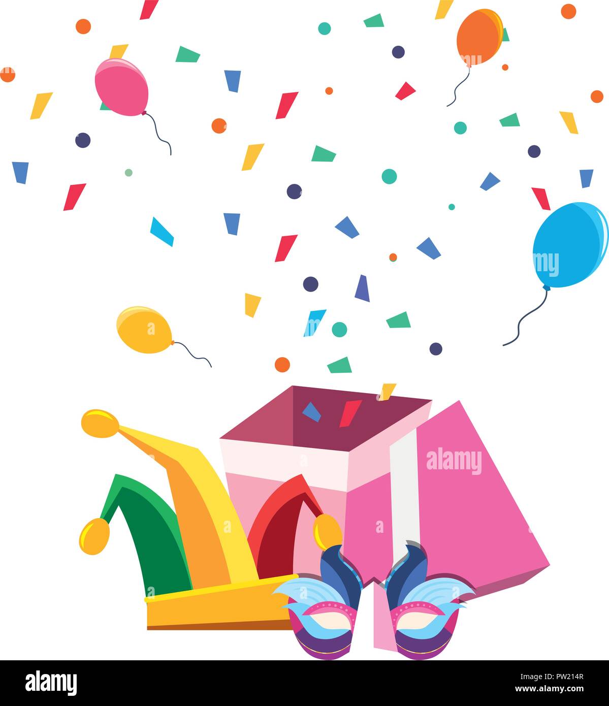 gift box and jester hat over white background, vector illustration ...