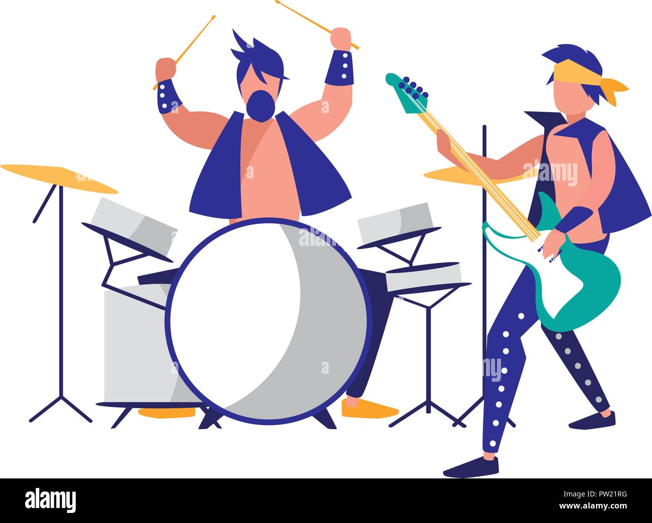 Rock band design with musician playing instruments and singing over ...