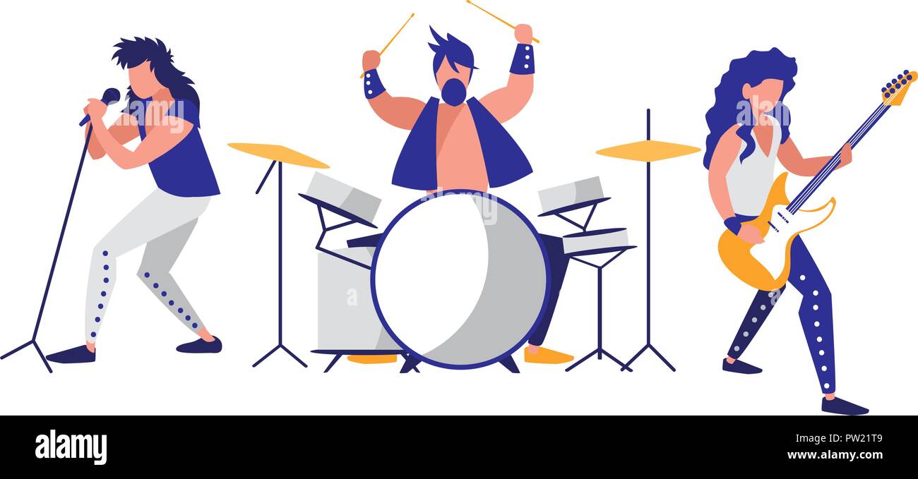 Rock band design with musician playing instruments and singing over ...