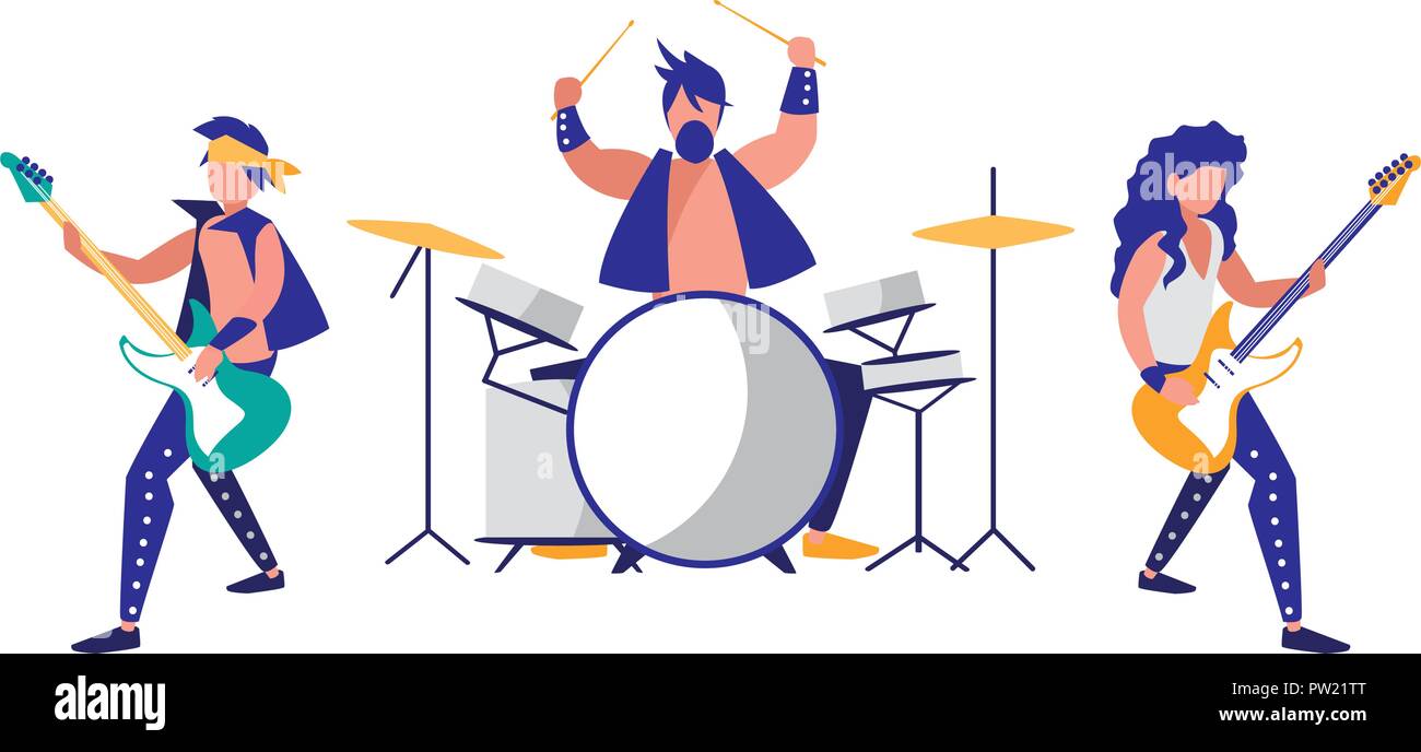 Rock band design with musician playing instruments and singing over ...