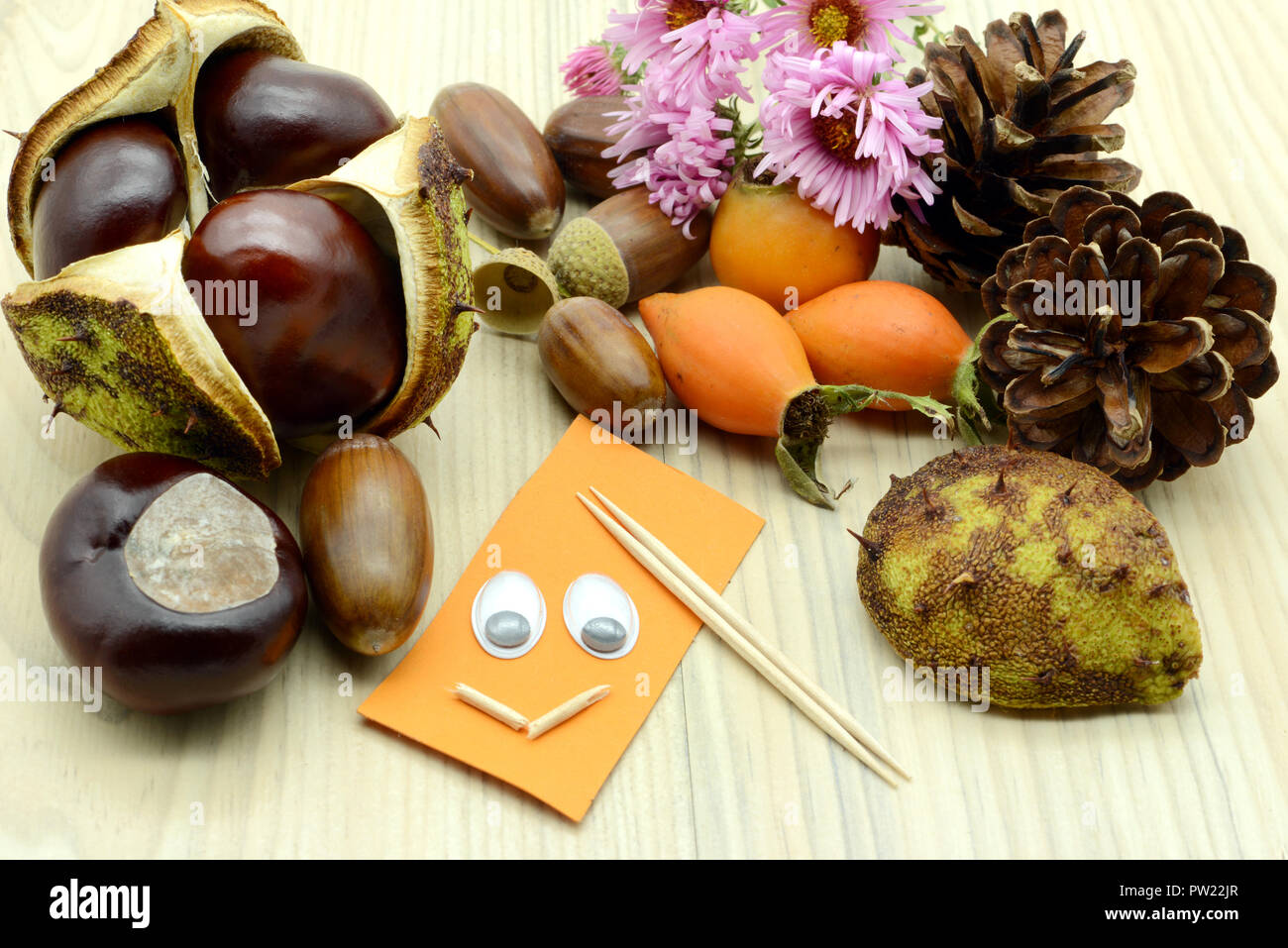 creating chestnut figures in autumn time. childhood tinker Stock Photo ...
