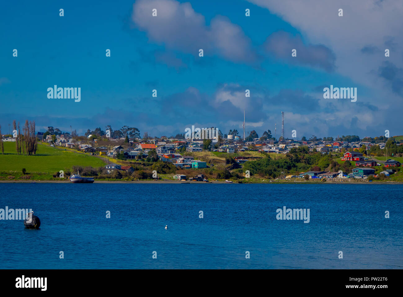 Outdoor view of building sin the horizont located in Chiloe island ...