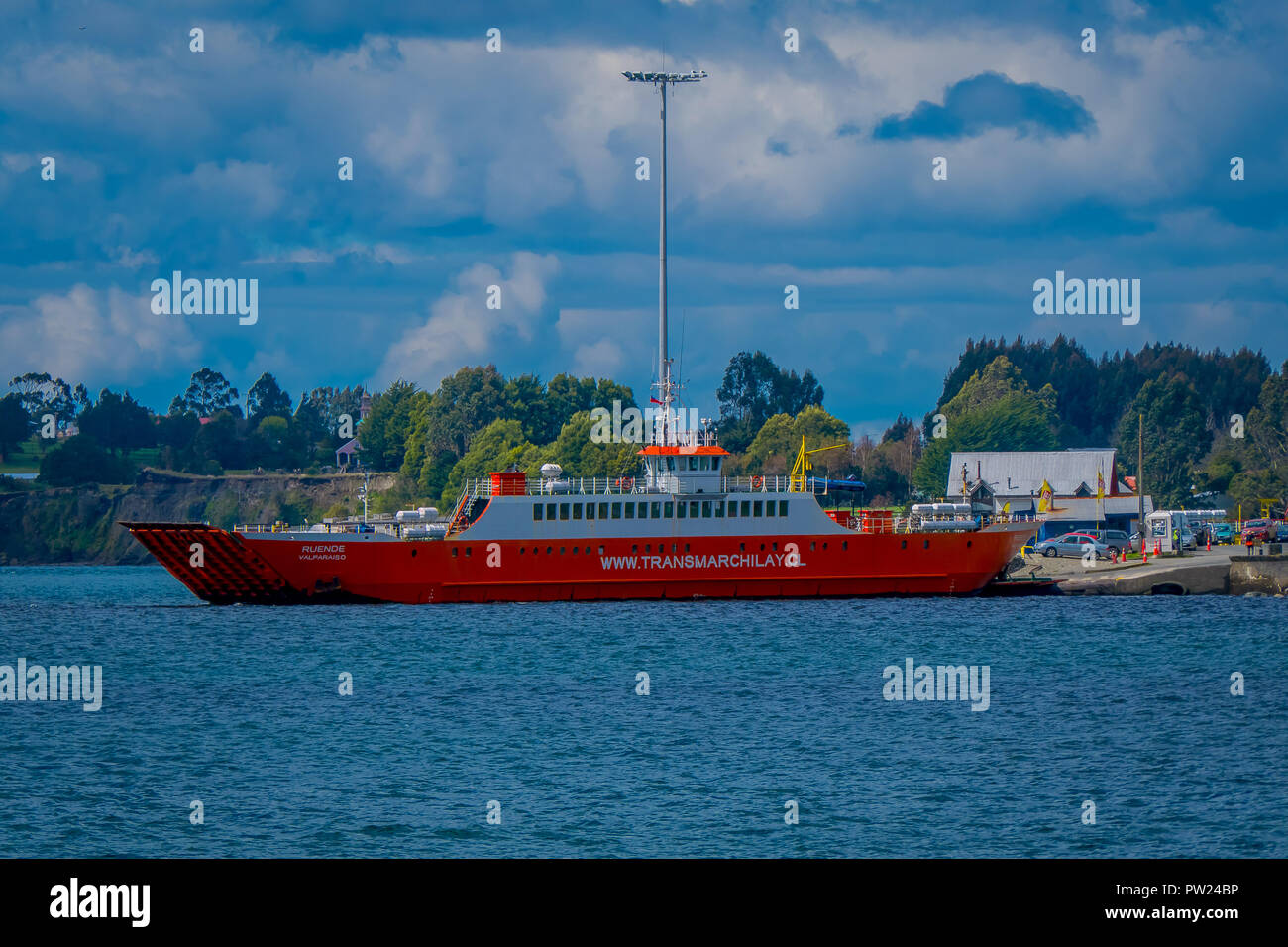 CHILOE, CHILE - SEPTEMBER, 27, 2018: Outdoor view of ferry crossing the ...