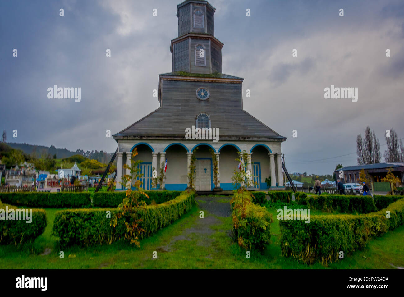 CHILOE, CHILE - SEPTEMBER, 27, 2018: Outdoor view of historic church of ...
