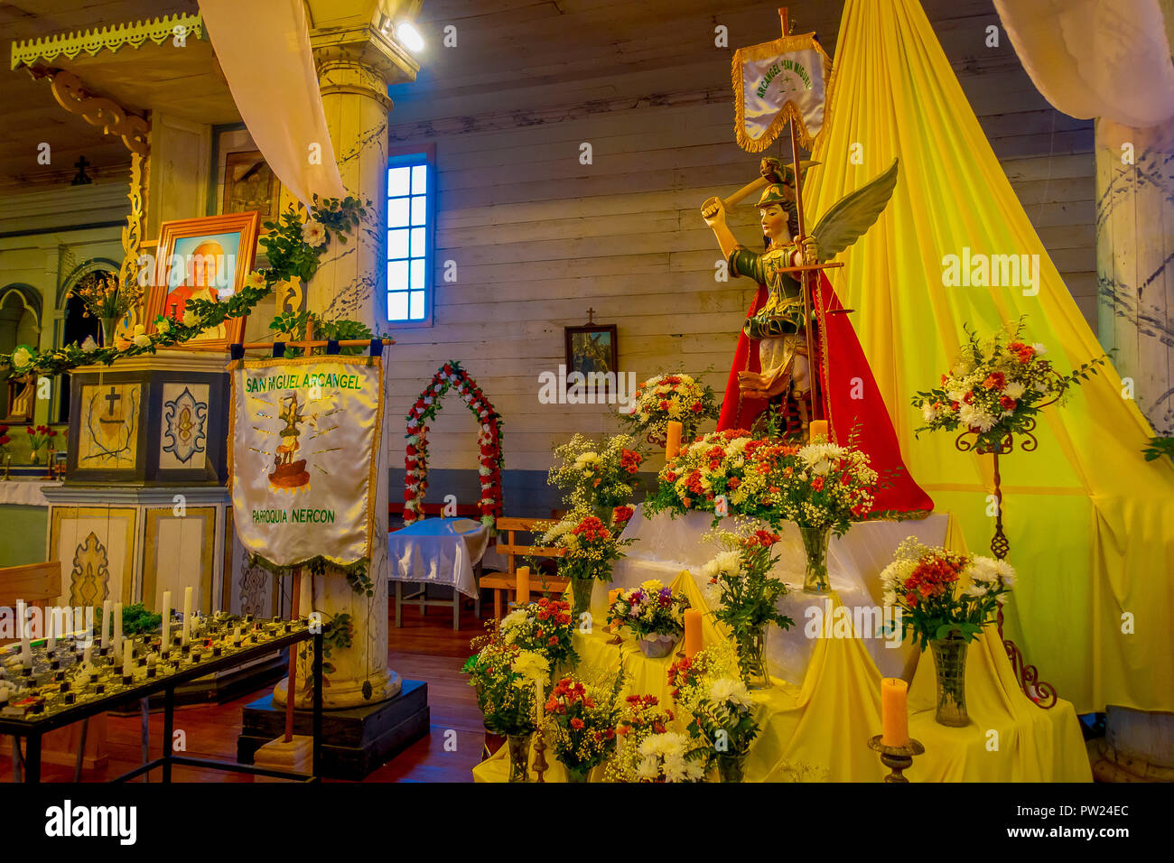 CHILOE, CHILE - SEPTEMBER, 27, 2018: Indoor view of angel structure ...
