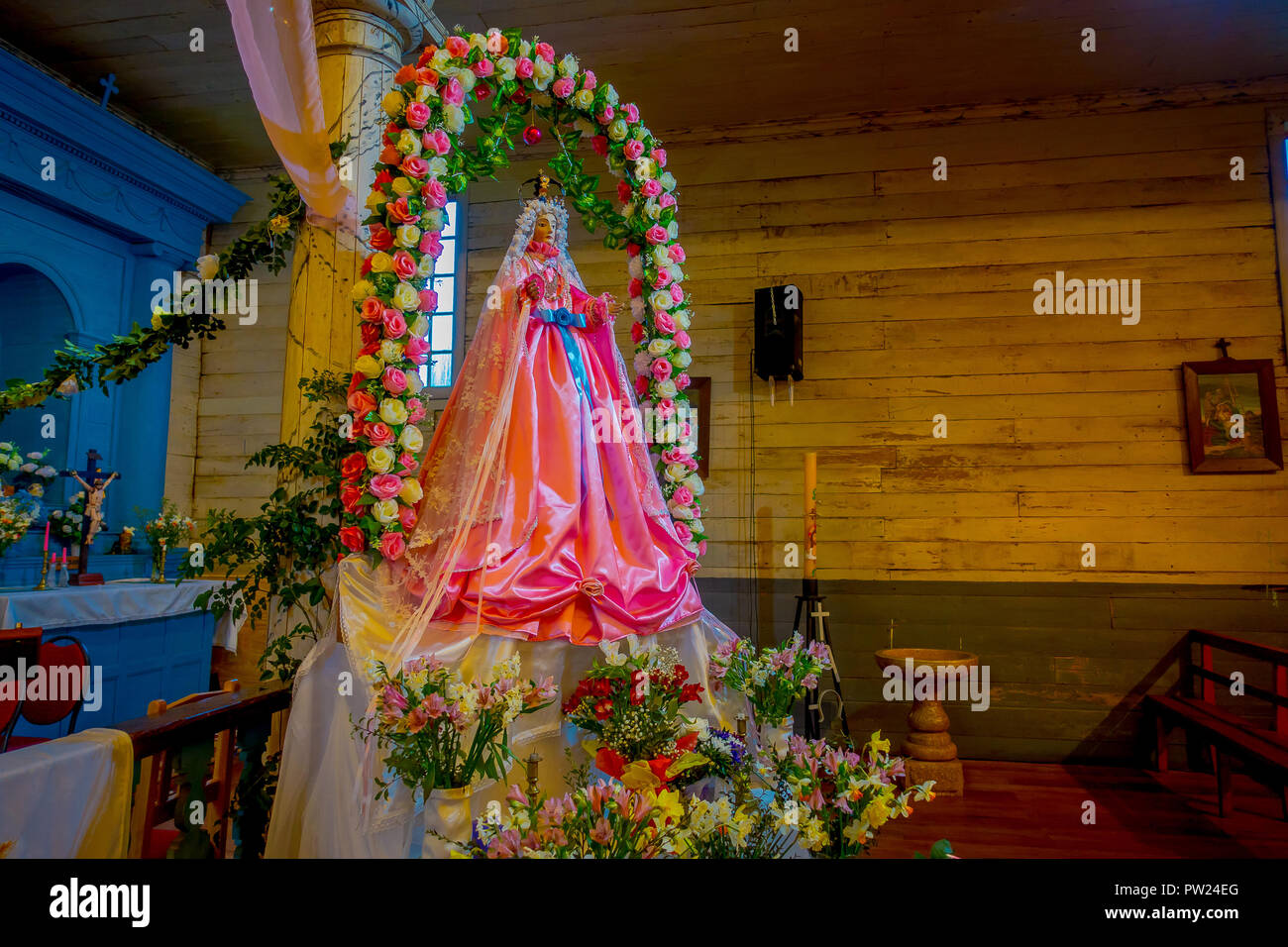 CHILOE, CHILE - SEPTEMBER, 27, 2018: Indoor view of virgin structure ...