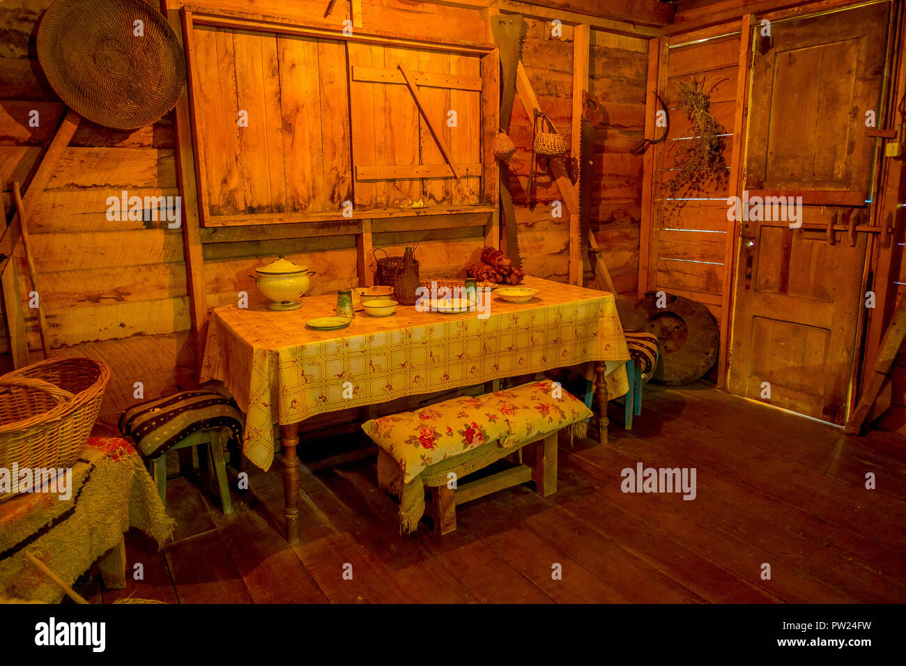 Indoor view of ancient dinning room indise of Chonchi museum filled ...