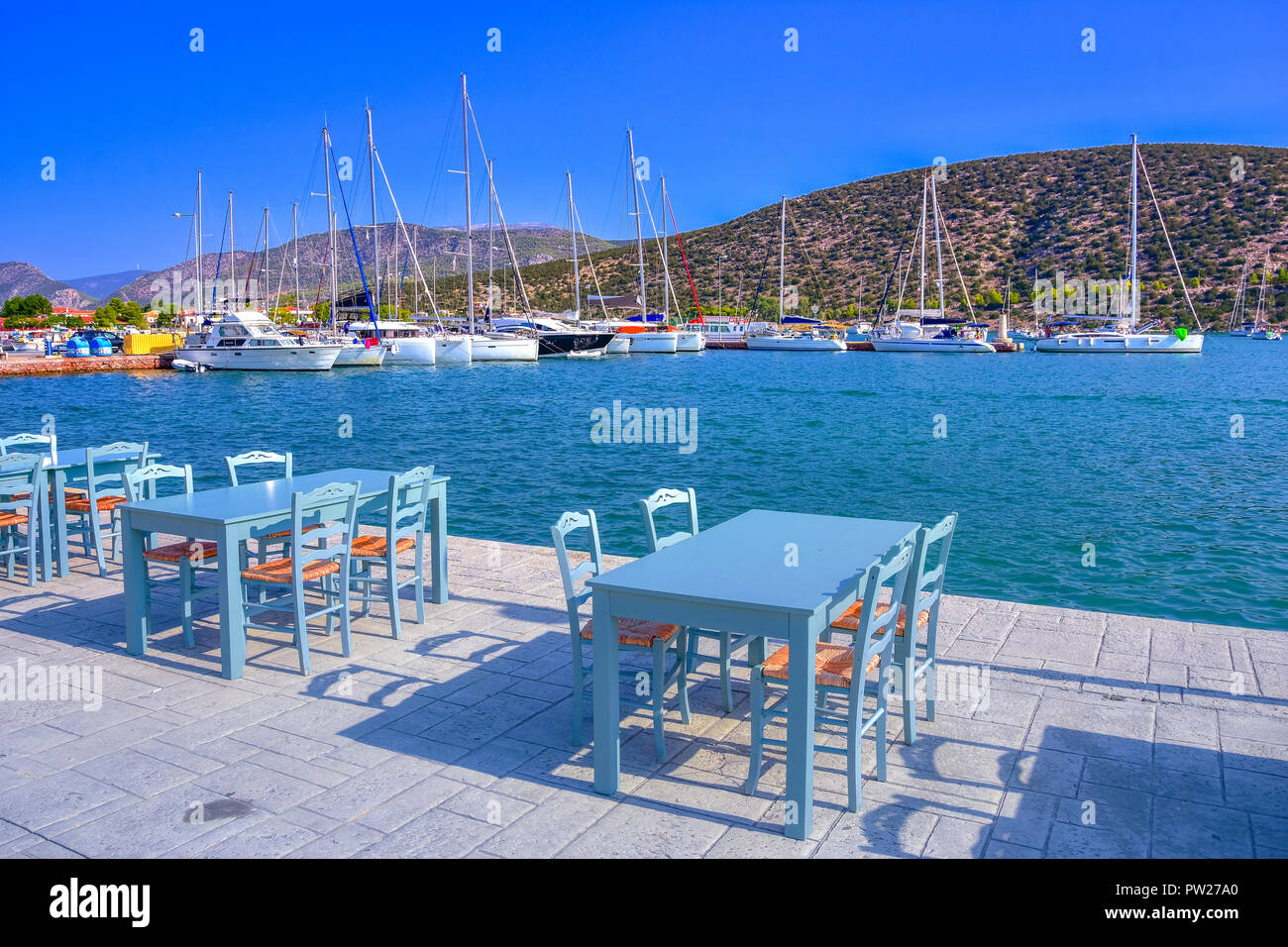 View of the picturesque coastal town of Ermioni, Peloponnese, Greece ...