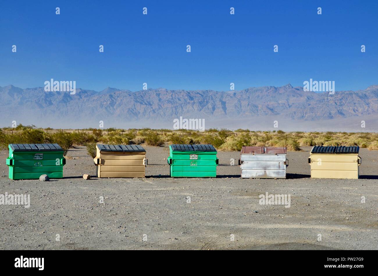 Colorful waste containers on a campground in Stovepipe Wells in ...