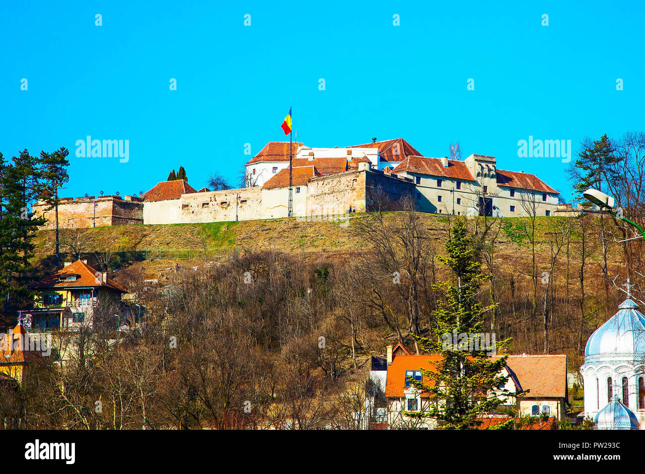 medieval fortress citadel in Brasov, Romania. View from the city to the ...