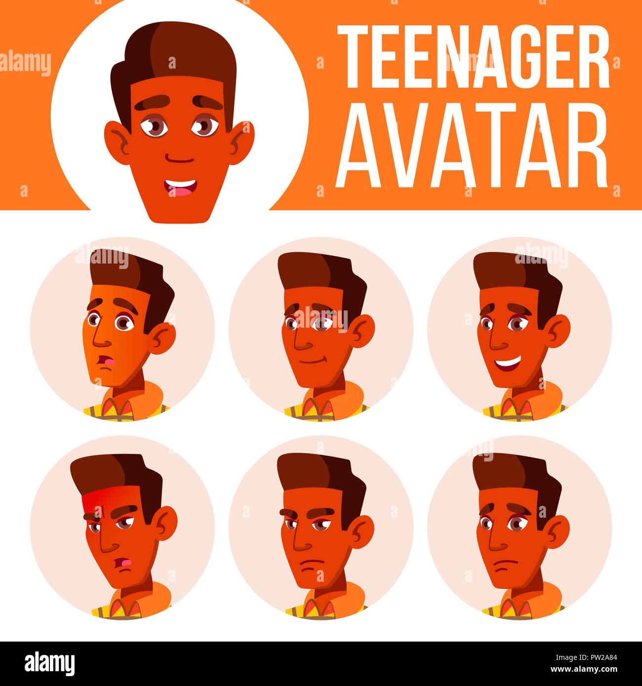 Teen Boy Avatar Set Vector. Indian, Hindu. Asian. Face Emotions. Head ...
