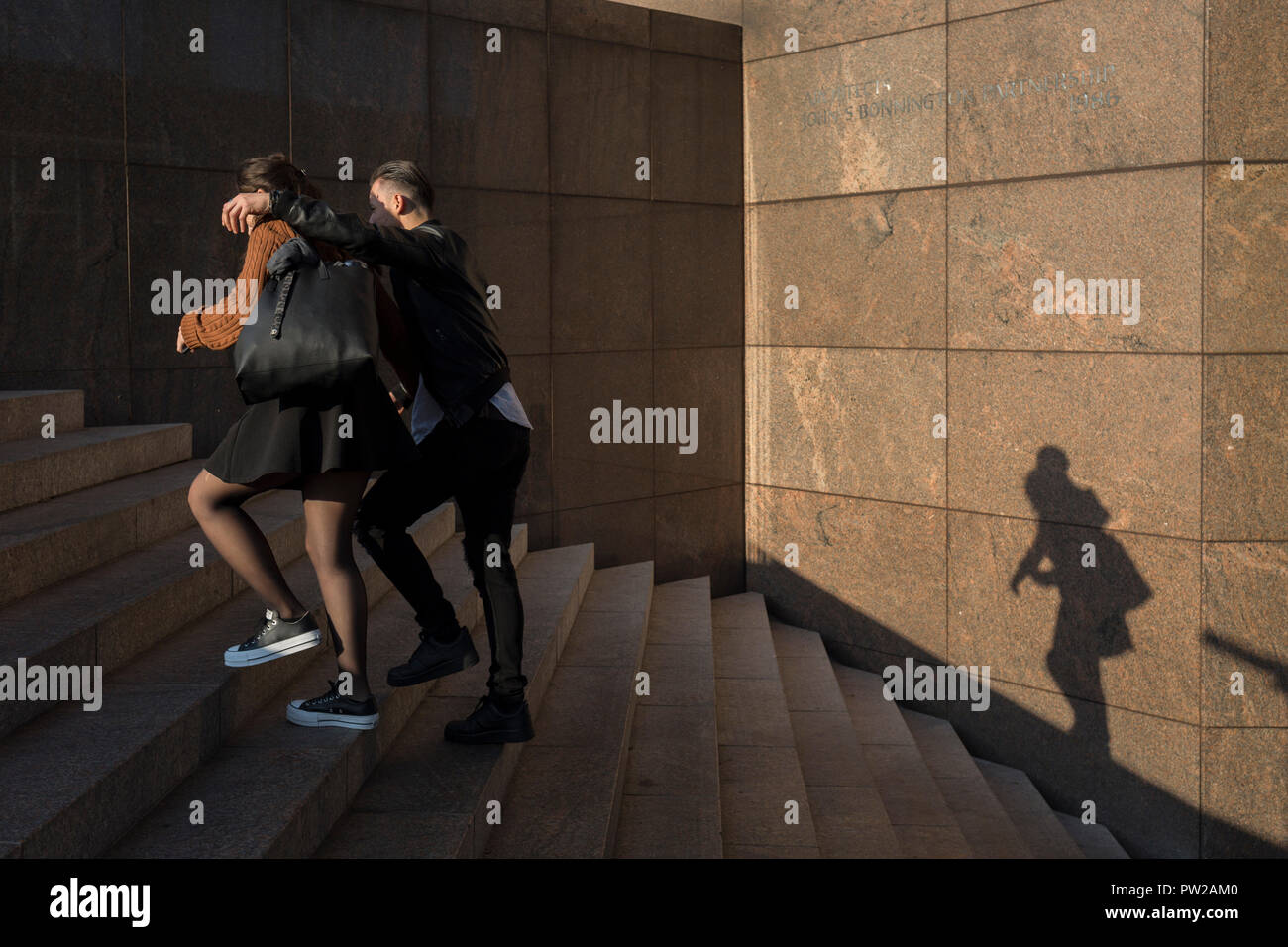 A couple climb the steps at 1, London Bridge in Southwark, on 10th ...