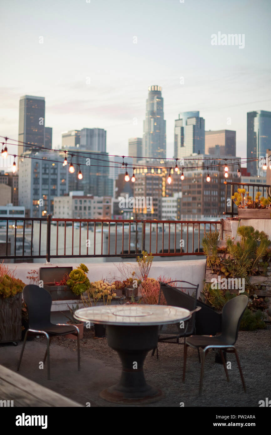 View Of Los Angeles Skyline At Sunset From Roof Terrace Stock Photo - Alamy