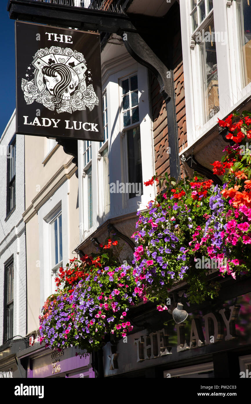 UK, Kent, Canterbury, High Street, colourful floral display outside The ...
