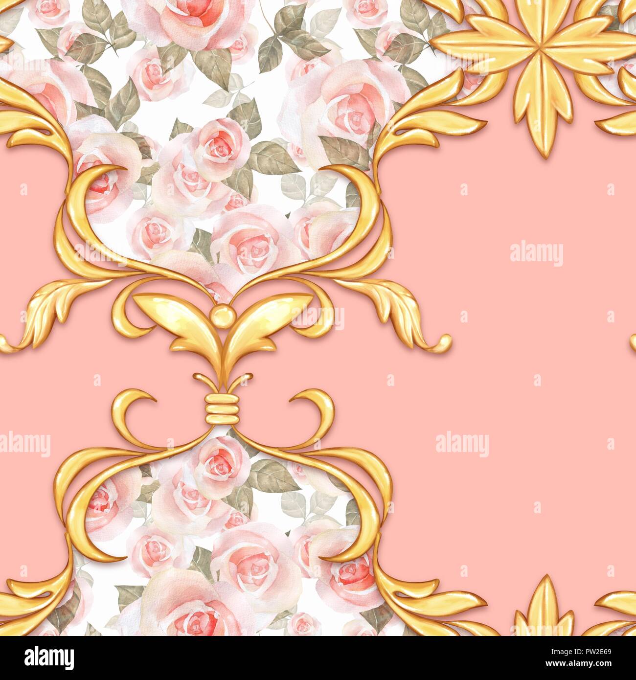 Seamless baroque pattern with decorative golden leaves and pink roses ...